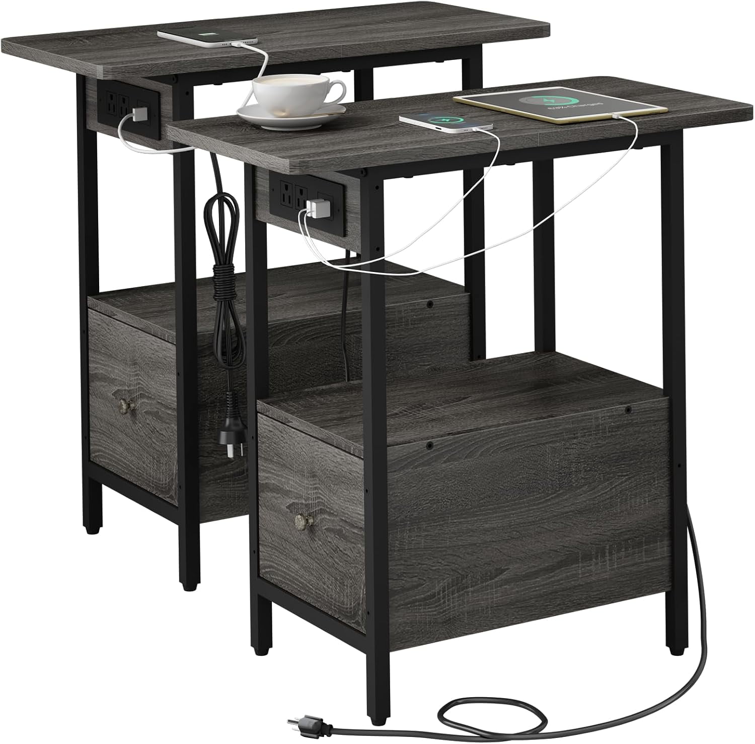 End Table with Charging Station, Narrow Side Table with Drawer and USB ...