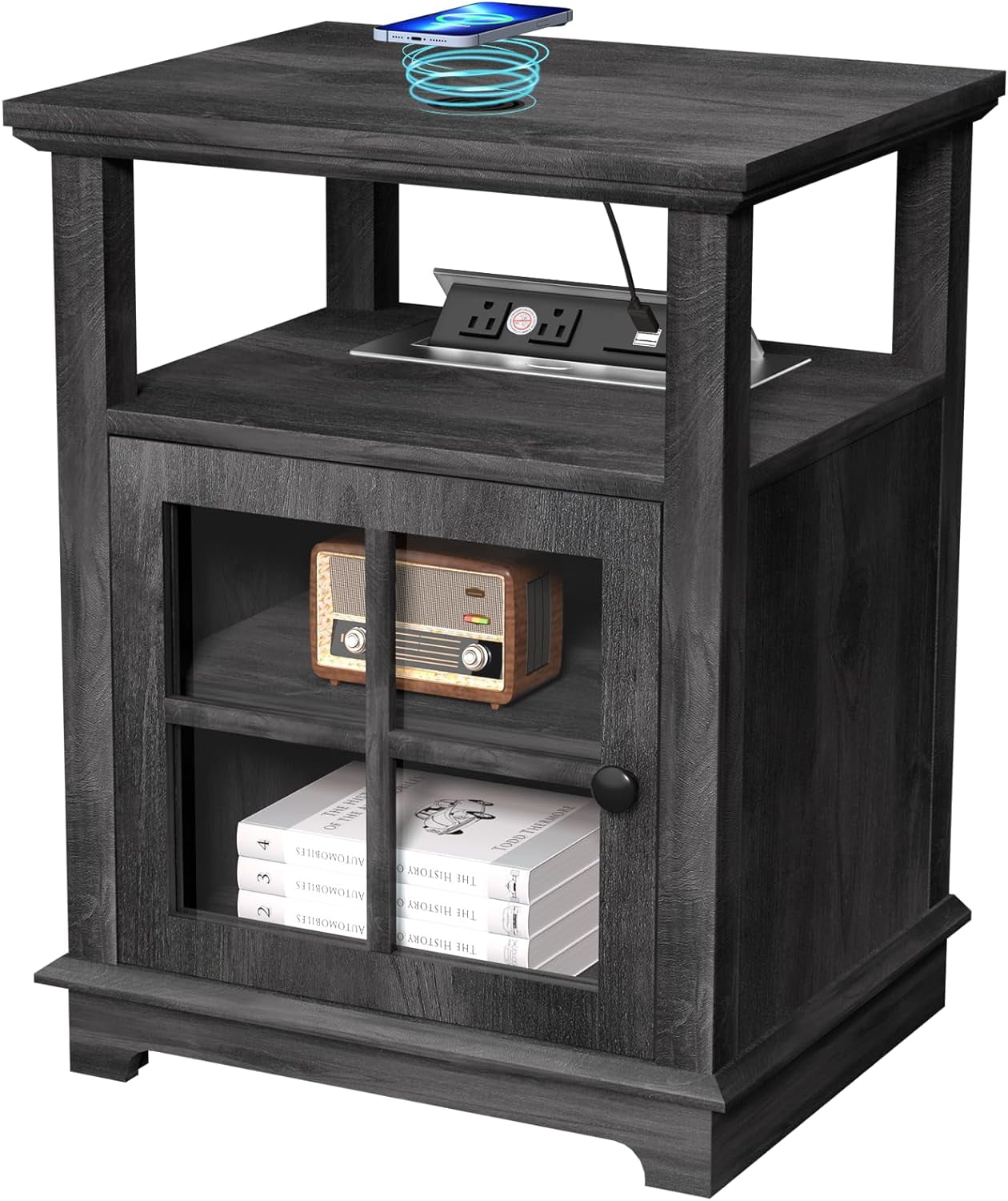 End Table with Charging Station, Side Table with Storage, Black ...