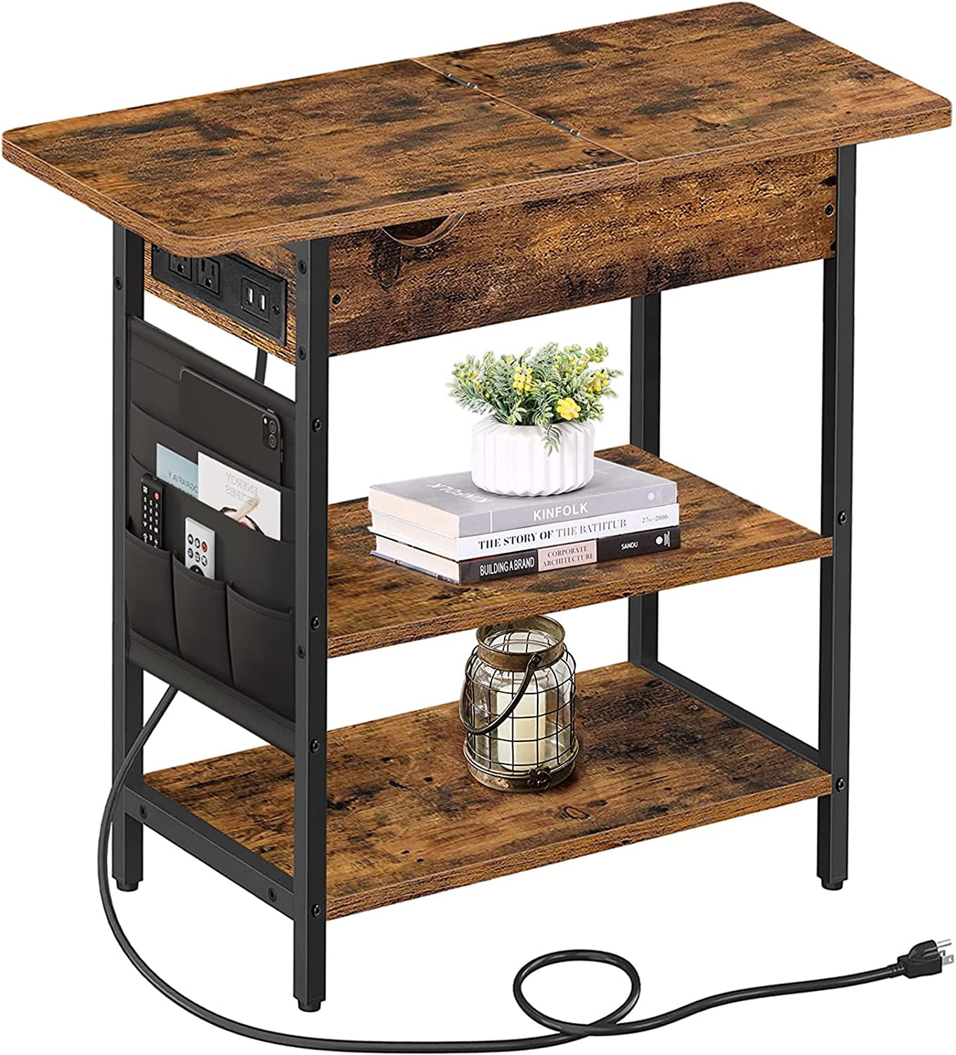 End Table with Charging Station, Side Table with Storage, Flip Top ...