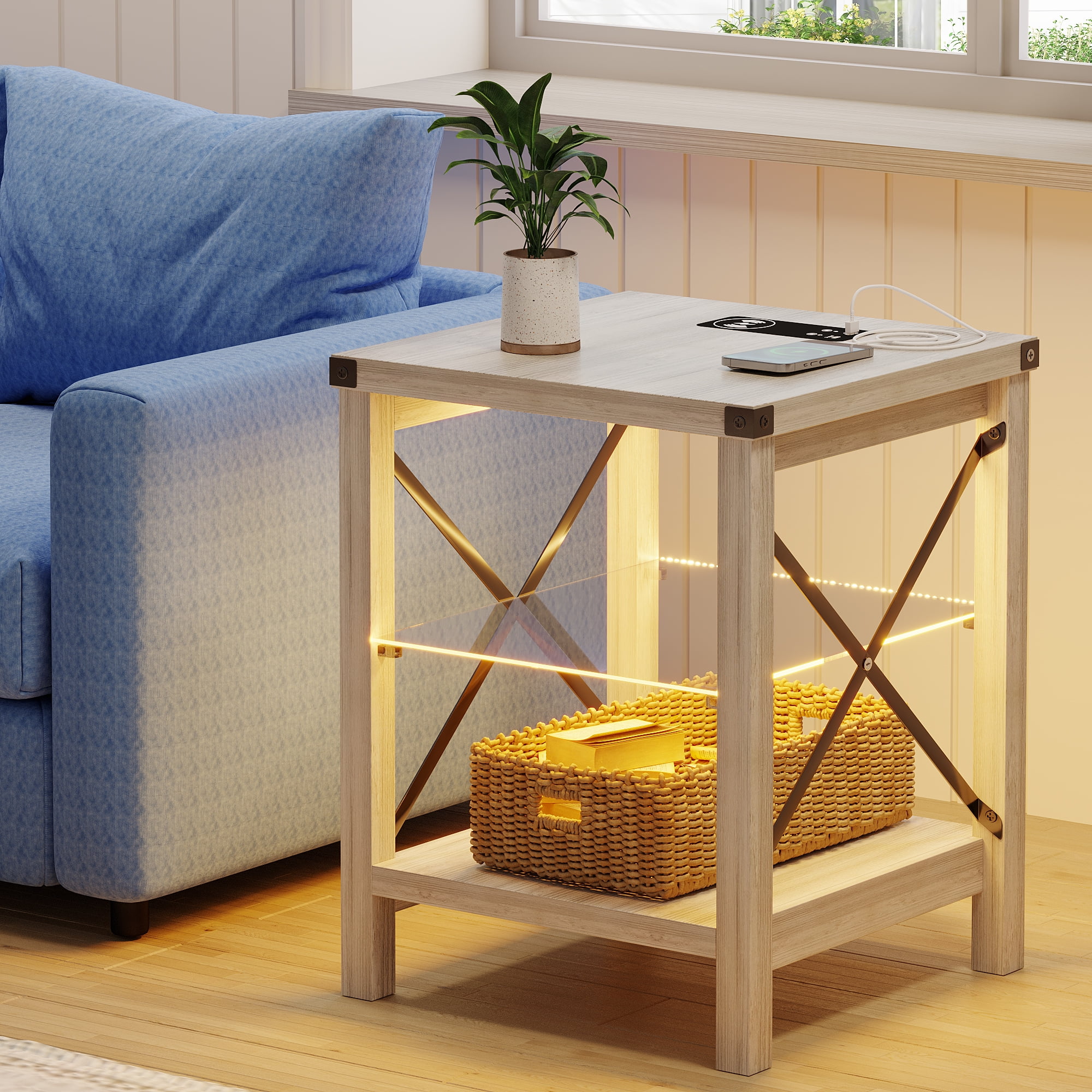 End Table with Charging Station, Smart Nightstand Side Table with Human ...