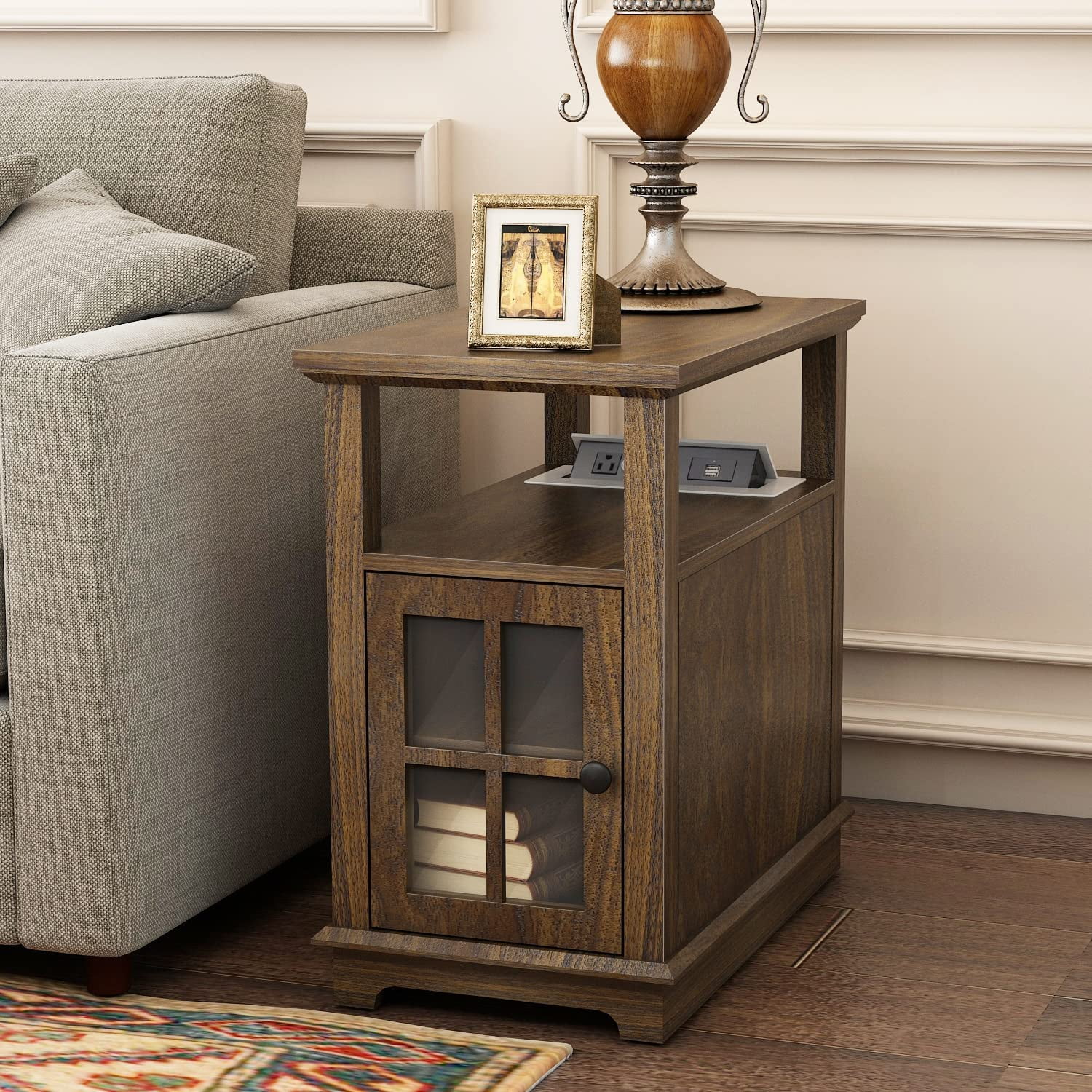 End Table with Charging Station, Storage Side Table with USB Ports and ...