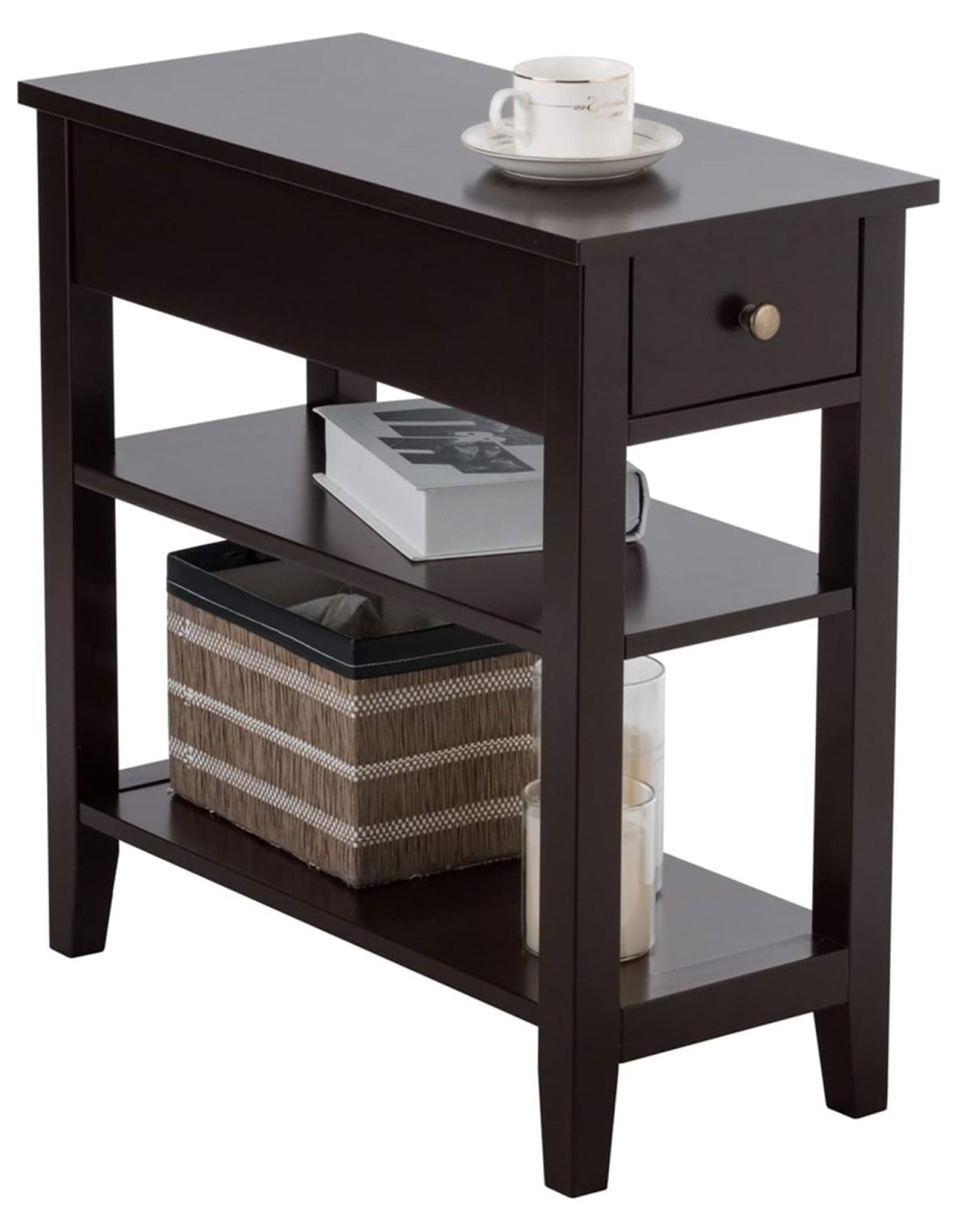 End Table with Drawer & Shelf, Narrow Side Table, Slim Nightstand, 3 ...