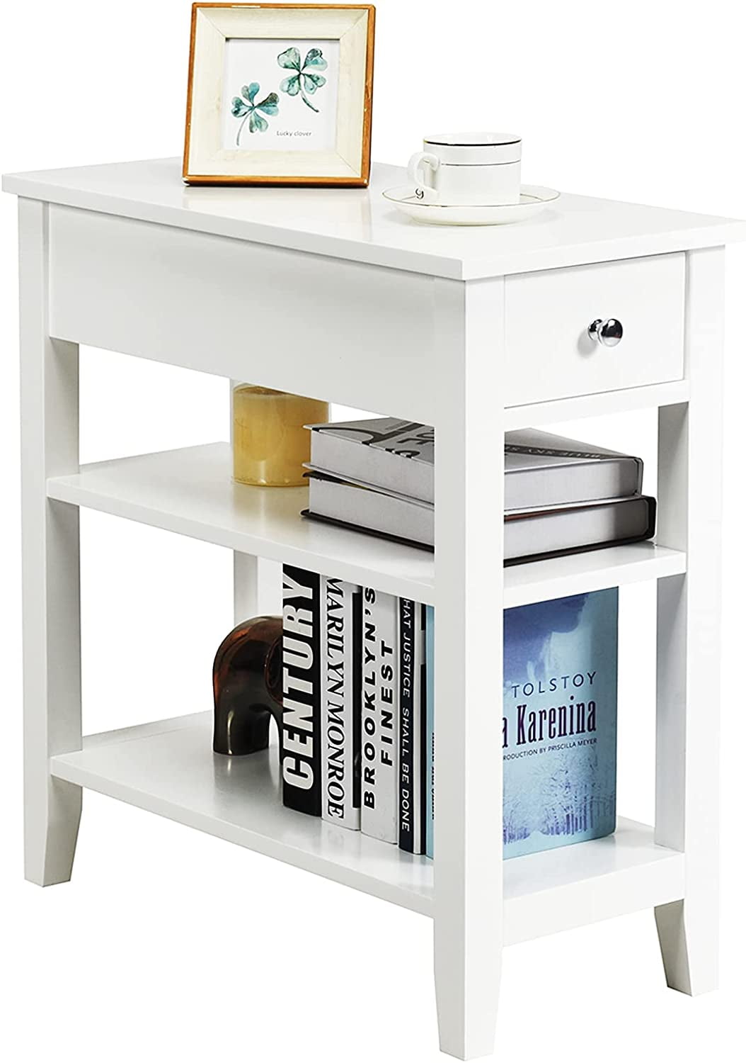 End Table with Drawer and Open Storage Shelf, Narrow Side Table, Slim ...