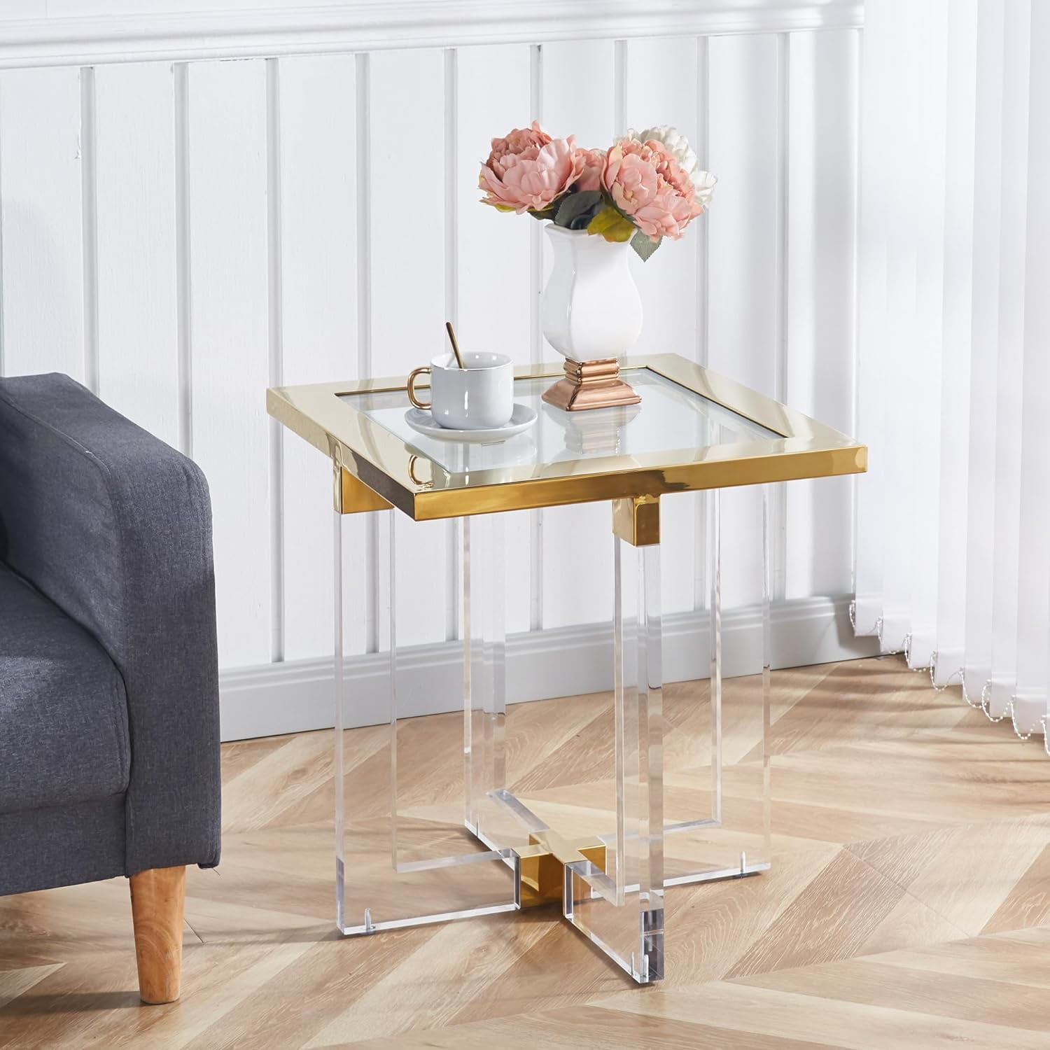 End Table with Glass Top,Modern Gold Sofa Side Table with X-Design ...