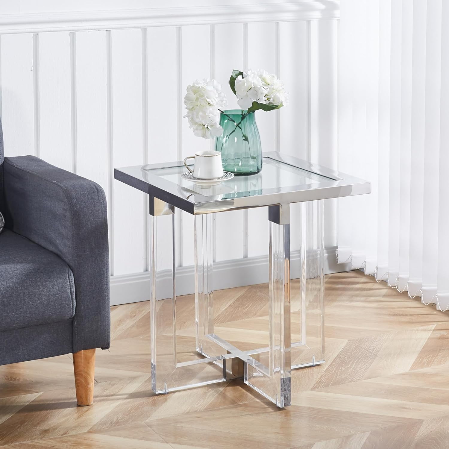 End Table with Glass Top,Modern Silver Sofa Side Table with X-Design ...