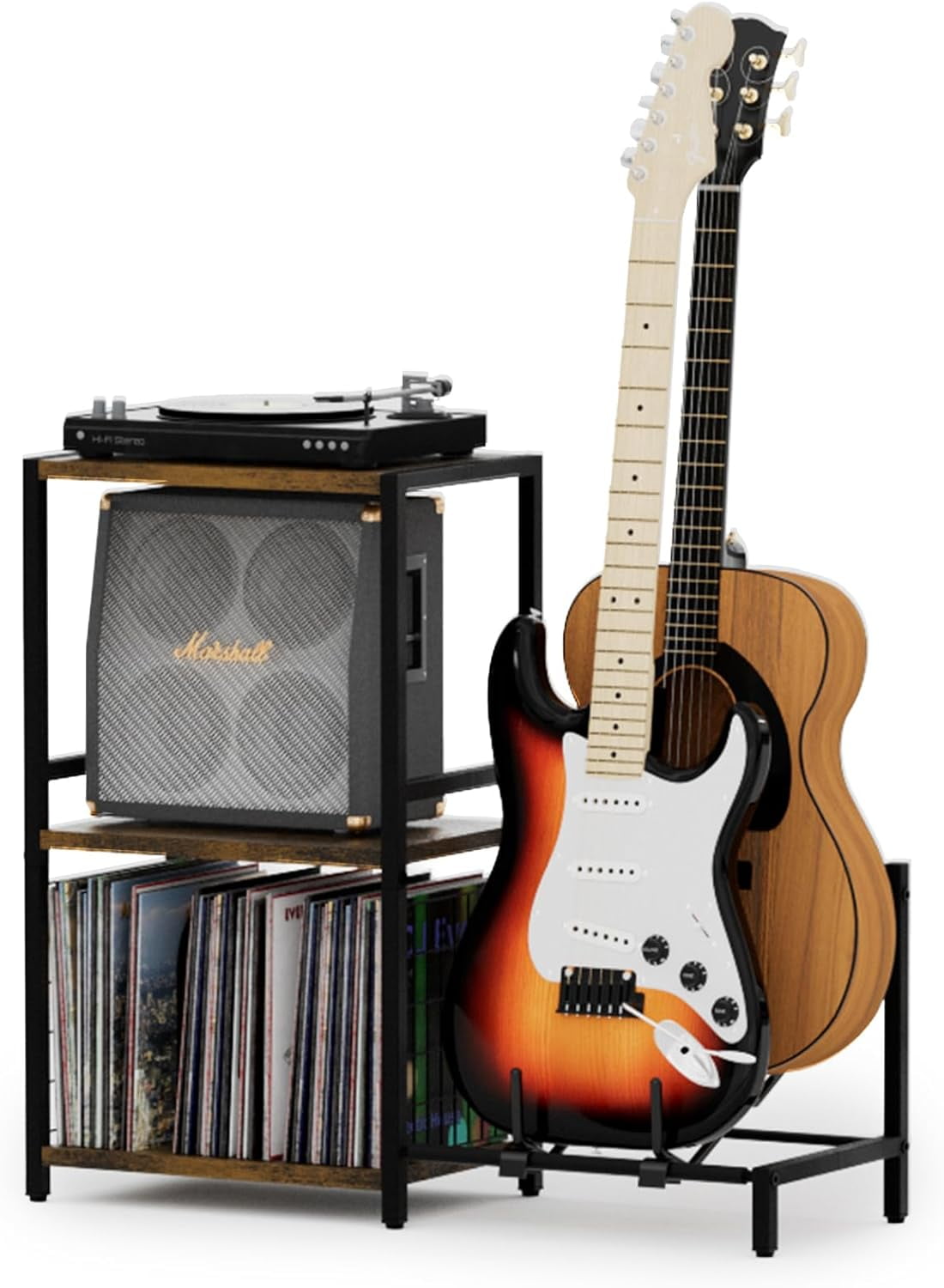 end table with guitar stand,record player stand,vinyl records storage,2 ...