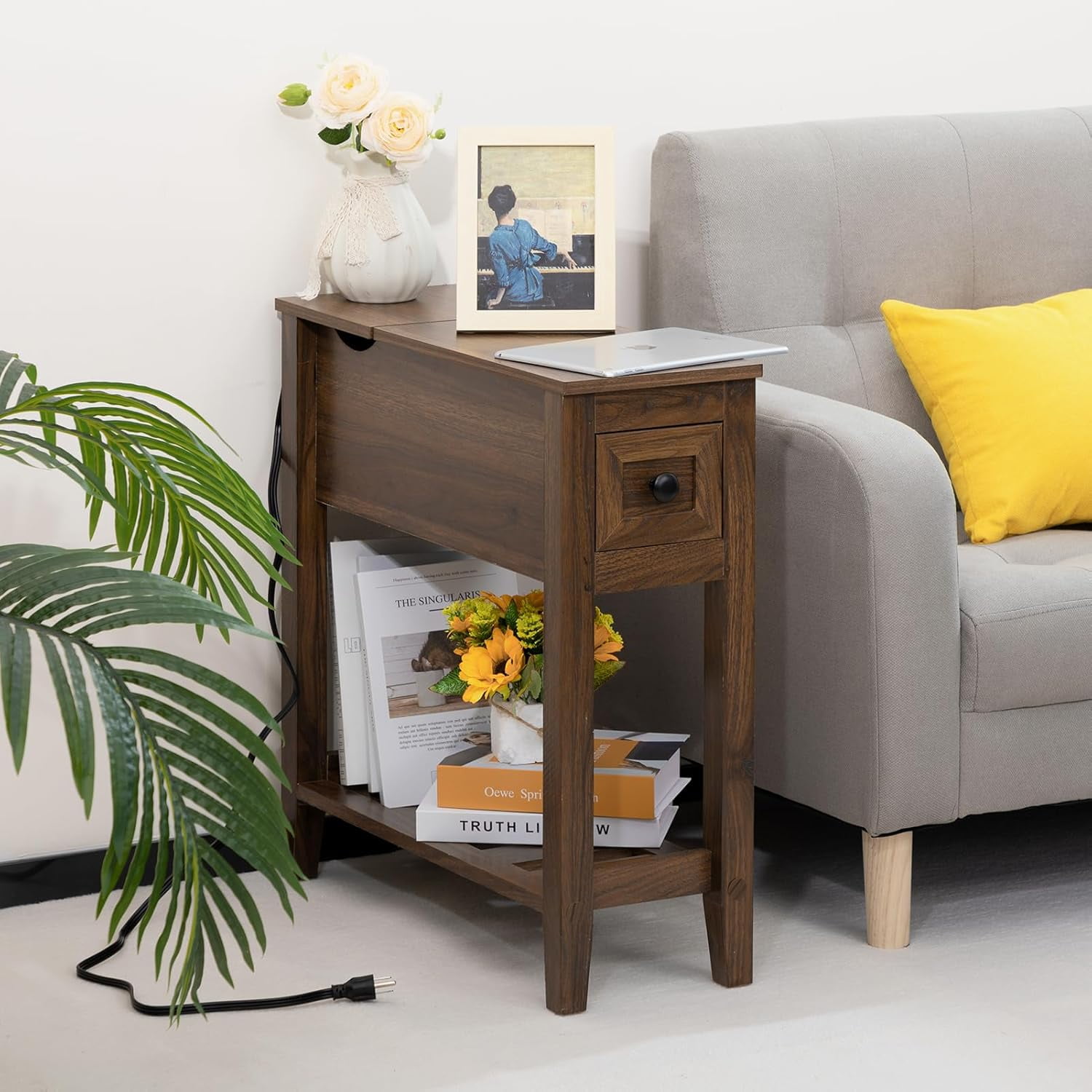 End Table with Movable Top and Charging Station, Narrow Side Table with ...