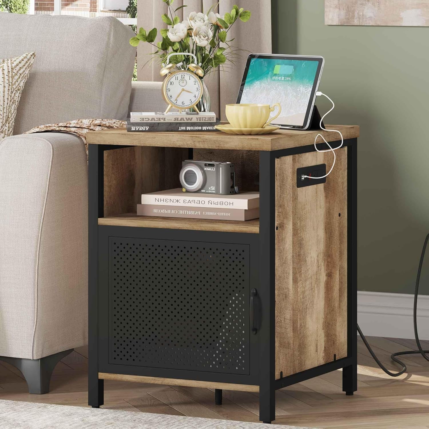 End Table with Storage, Rustic Side Table for Living Room, Narrow Wood ...