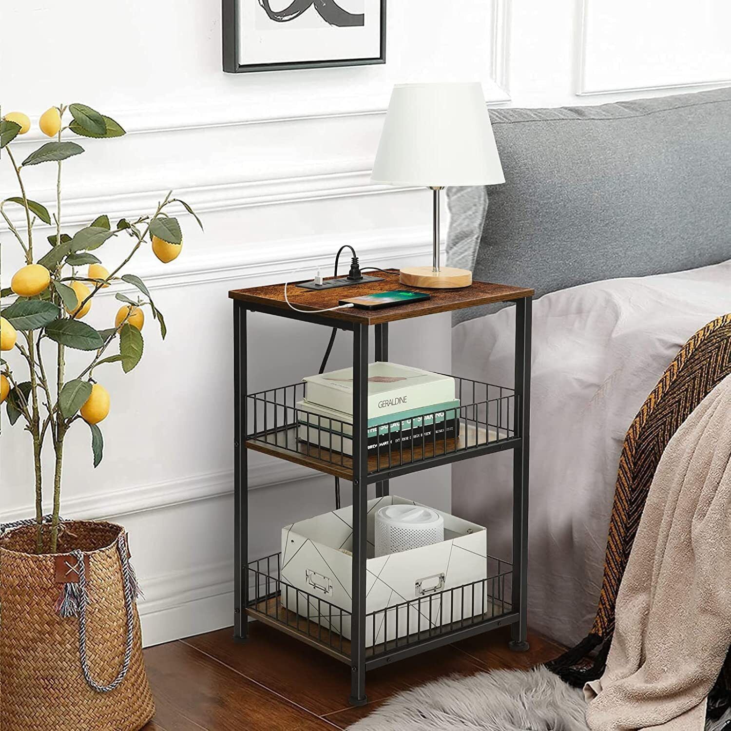 End Table with Storage Shelf, Bedside Table, Nightstand with Charging ...