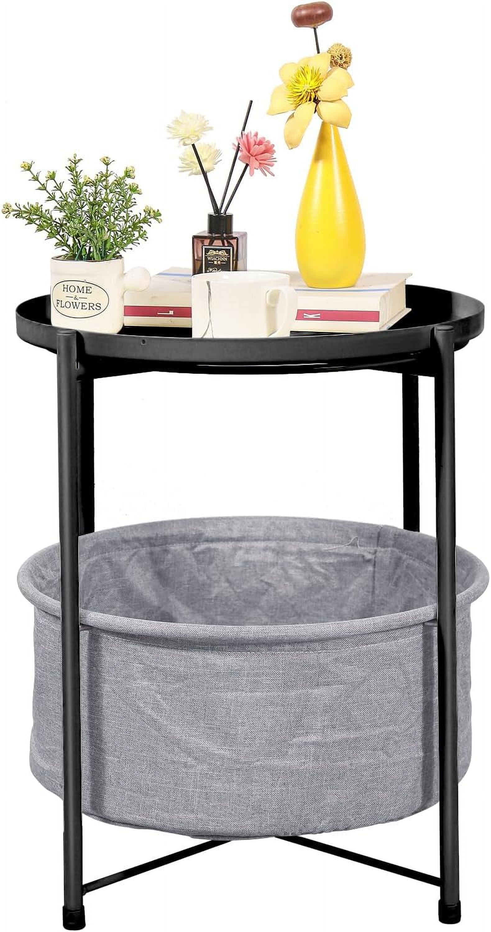 End Tables with Fabric Storage Basket, Small Round Side Table with ...
