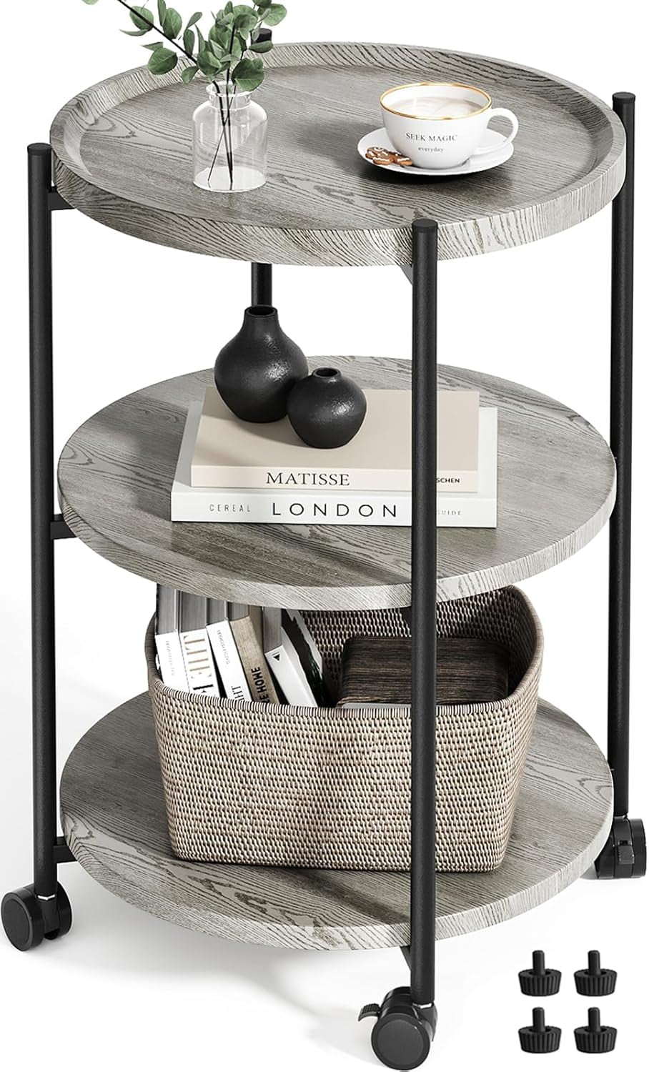 End Tables Living Room, 3-Tier Modern End Table with Wheels, Small Side ...