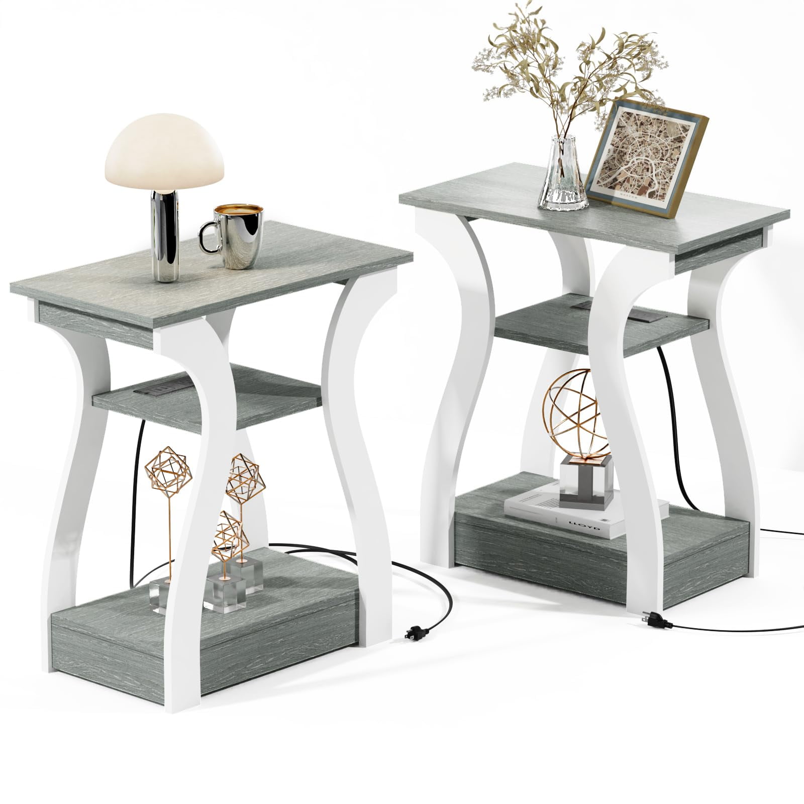 End Tables Living Room Set of 2,Grey End Table with Charging Station ...