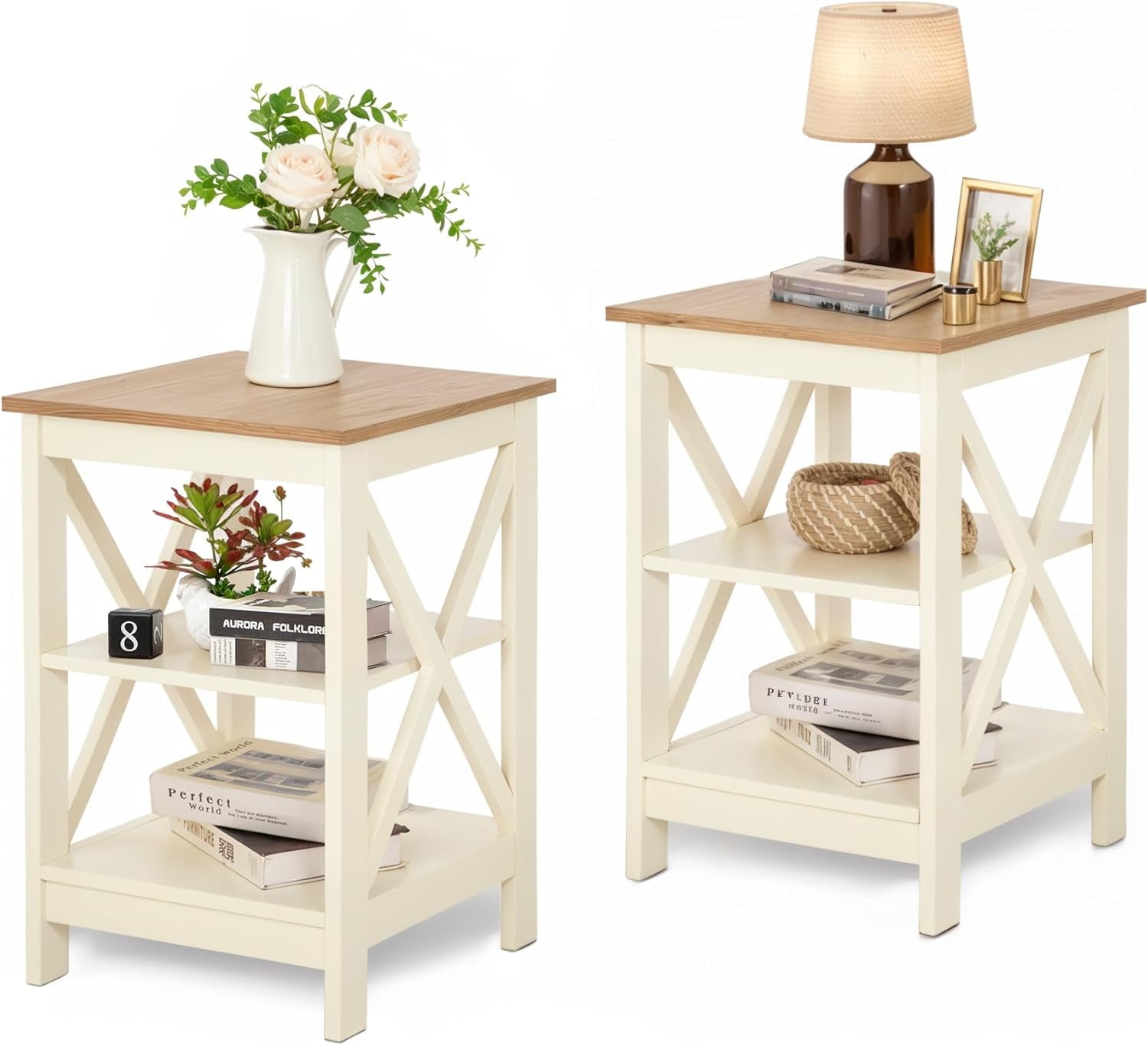 End Tables Living Room Set of 2, Farmhouse Small Side Table 3-Tier ...