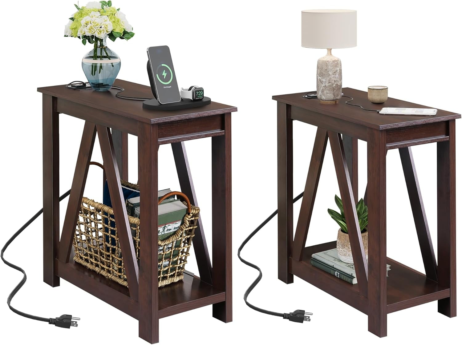 End Tables Living Room Set of 2 with Charging Station, Sofa Side Tables ...