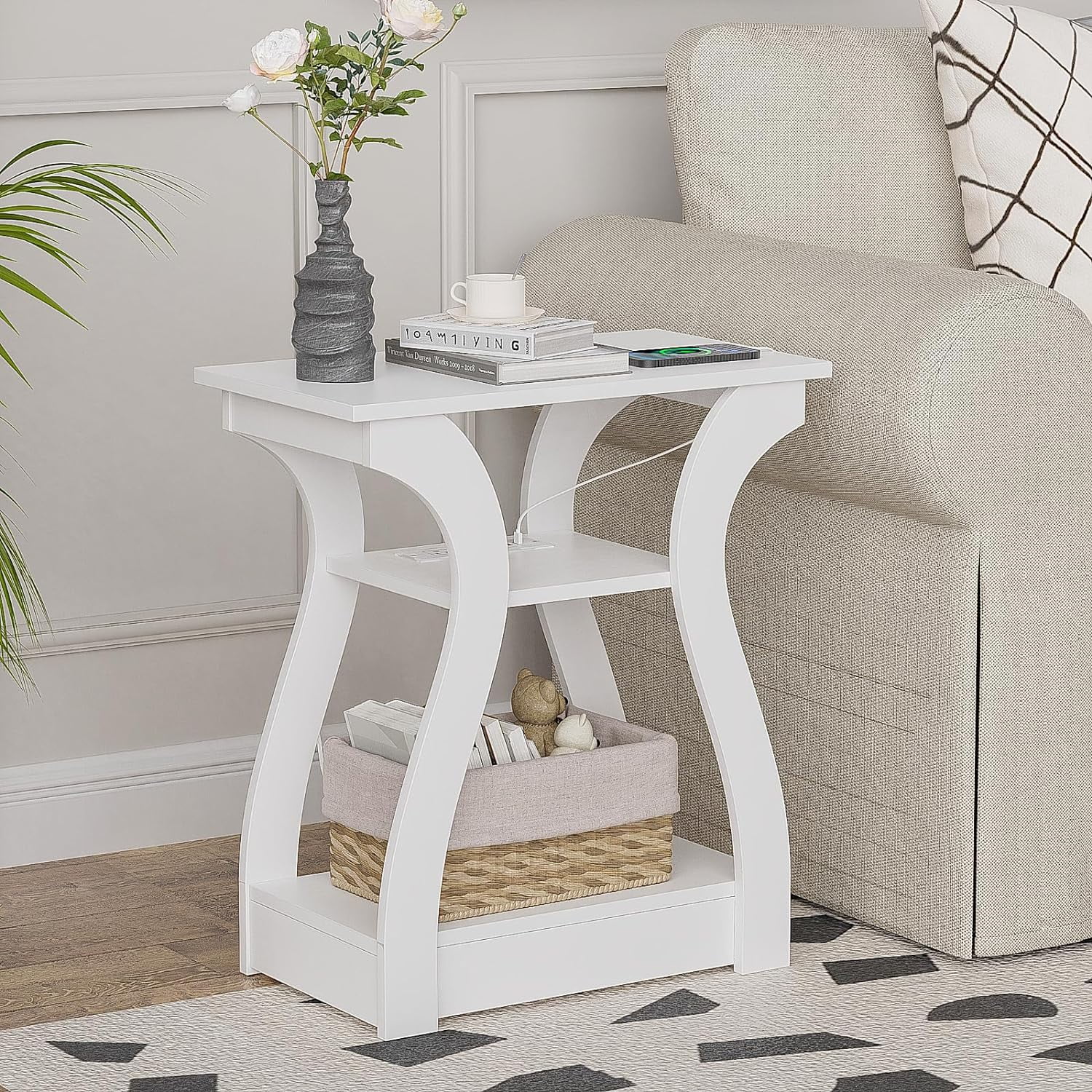End Tables Living Room, White End Table with Charging Station,White ...