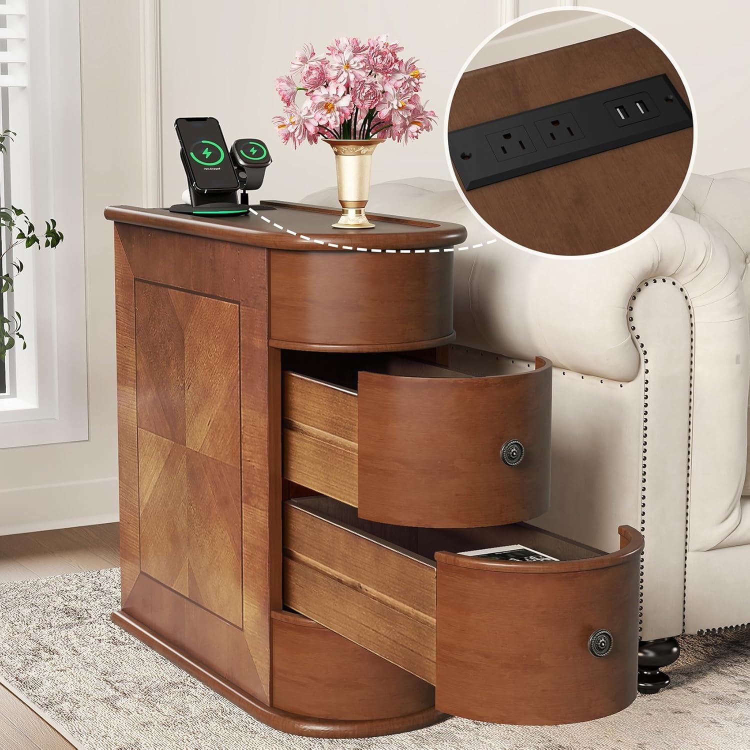 End Tables Living Room, Wood Sofa Side Table with Charging Station ...