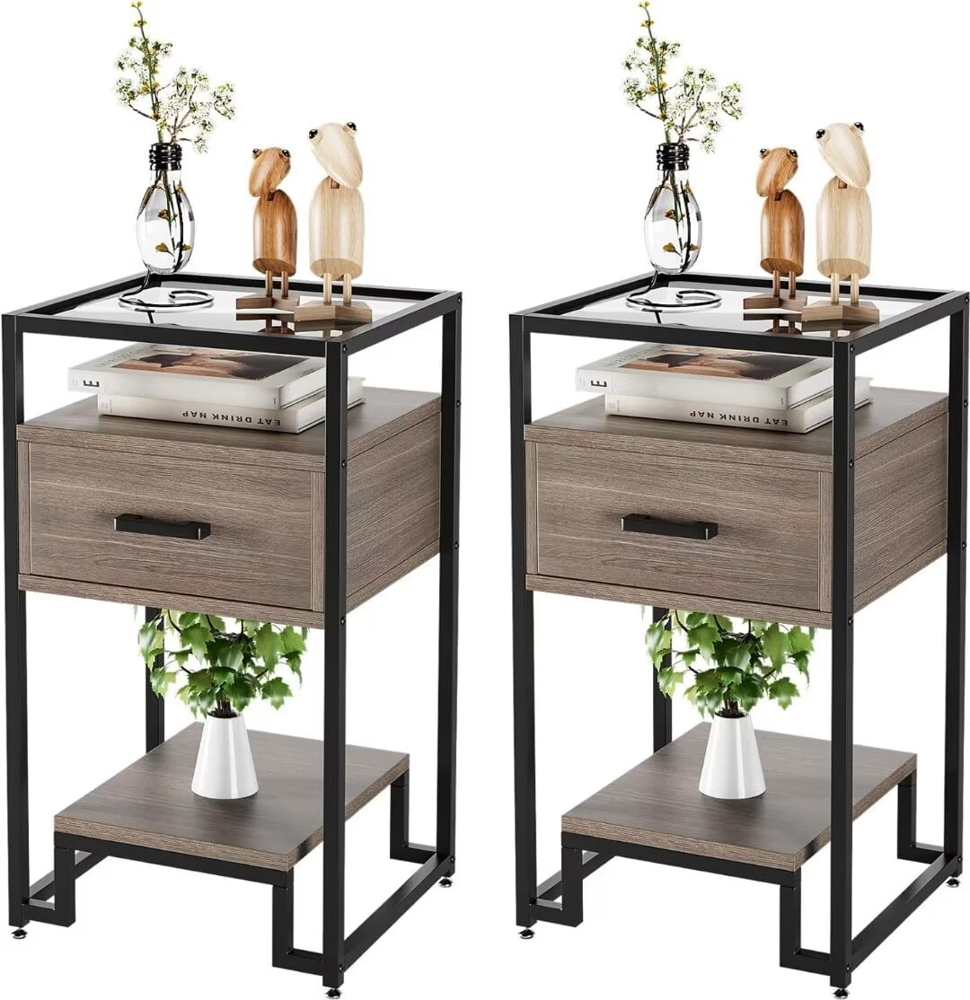End Tables Set of 2, 3-Tier Nightstand with Storage Drawer and Tempered ...
