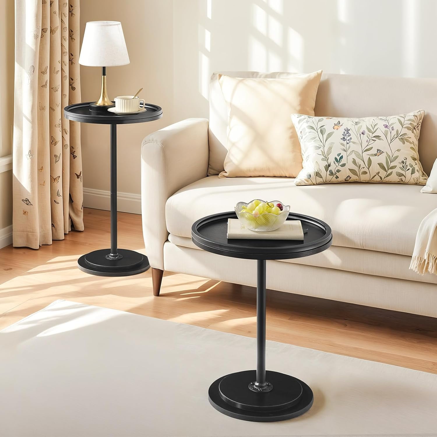 End Tables Set of 2, Small Round Side Tables for Living Room, Wooden ...