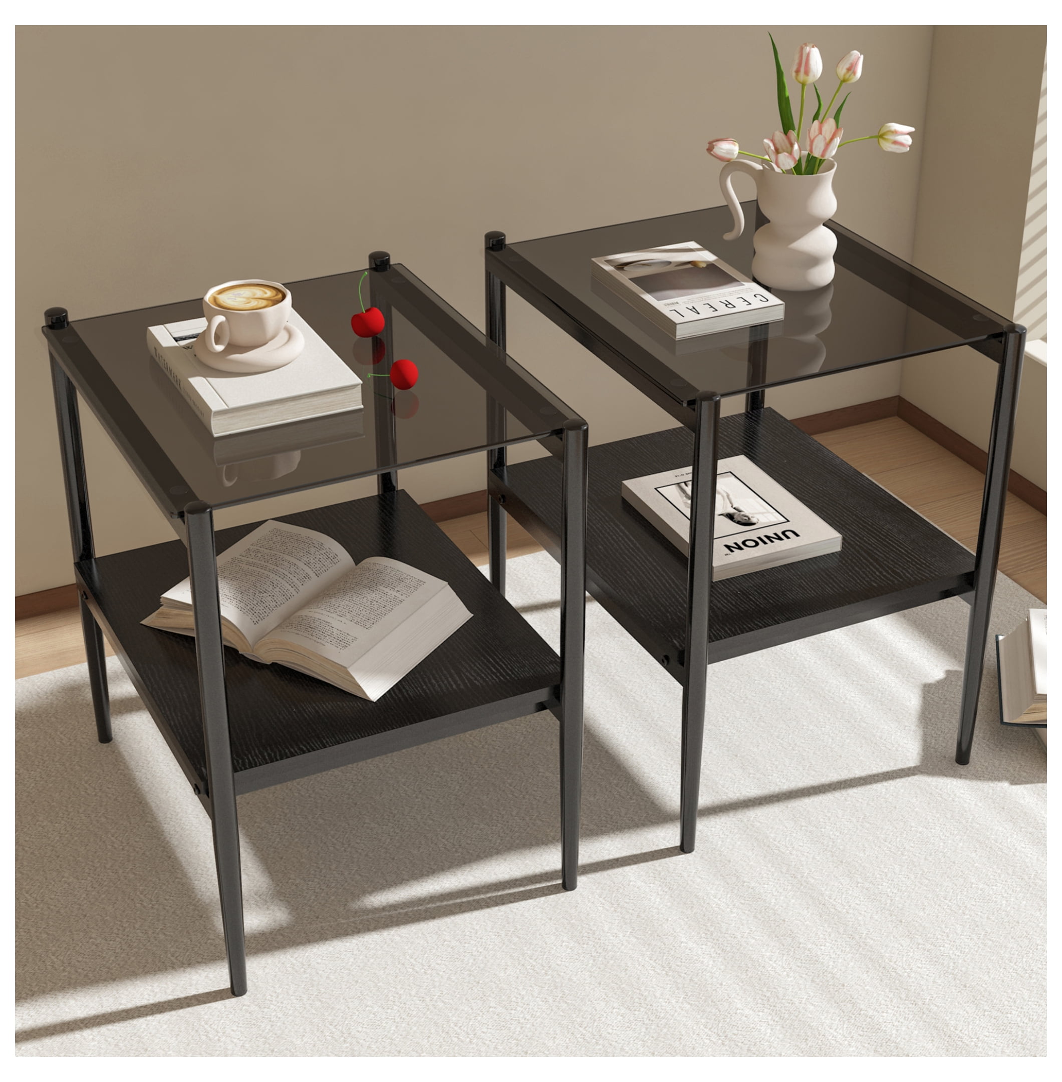 End Tables Set of 2, Tempered Glass & MDF Modern Side Tables, Gray ...
