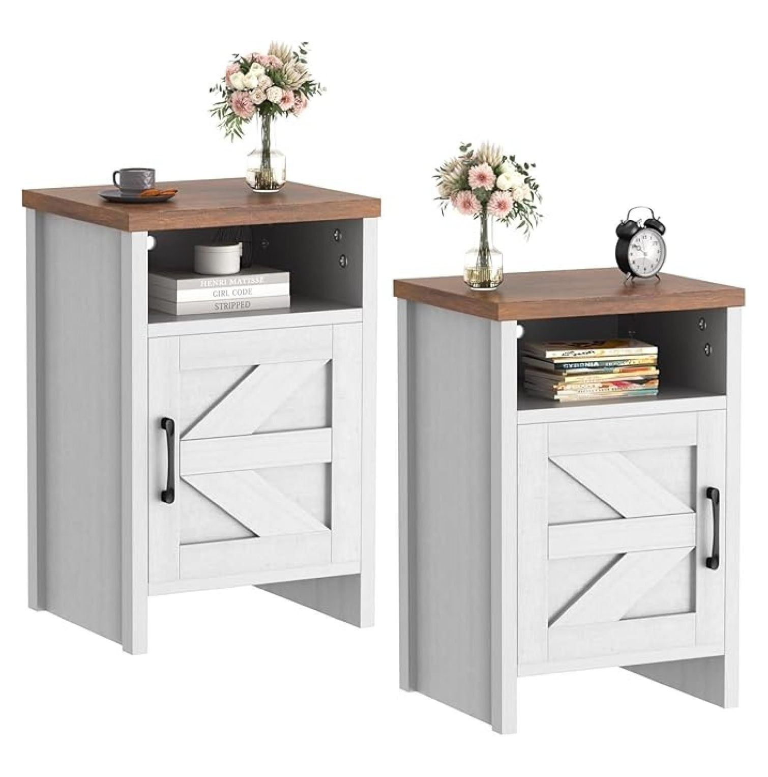 End Tables Set of 2, White Nightstand with Barn Door & Shelf, Modern ...