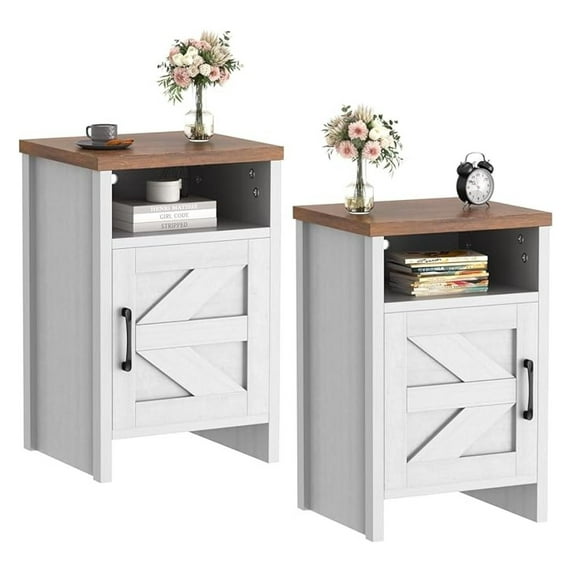 End Tables Set of 2, White Nightstand with Barn Door & Shelf, Modern ...