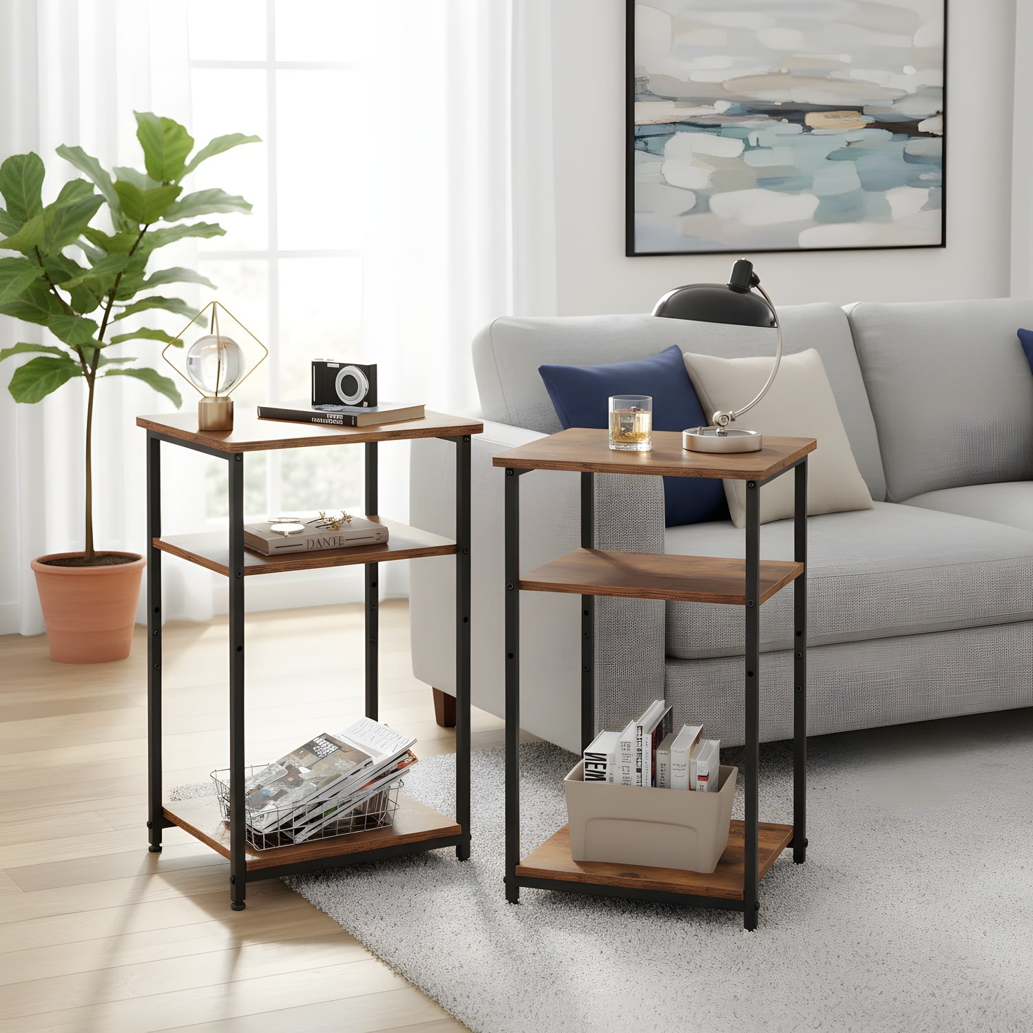 End Tables Set of 2 for Living Room - 3-Tier Side Table - Rustic Design ...