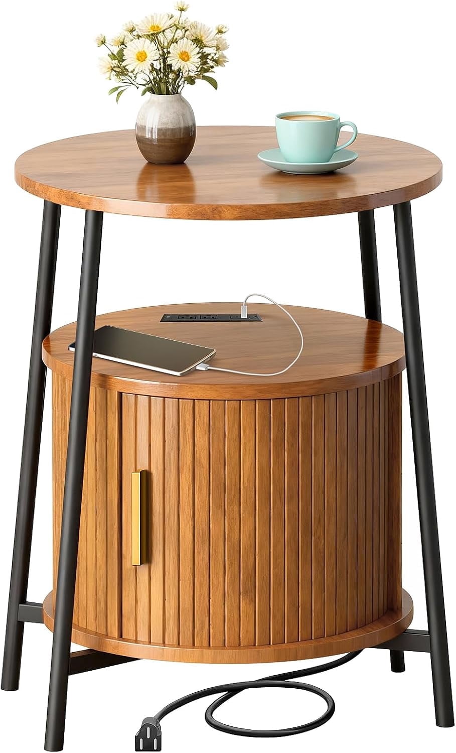 End Tables Side Table with Storage, Fluted Nightstand with Charging ...