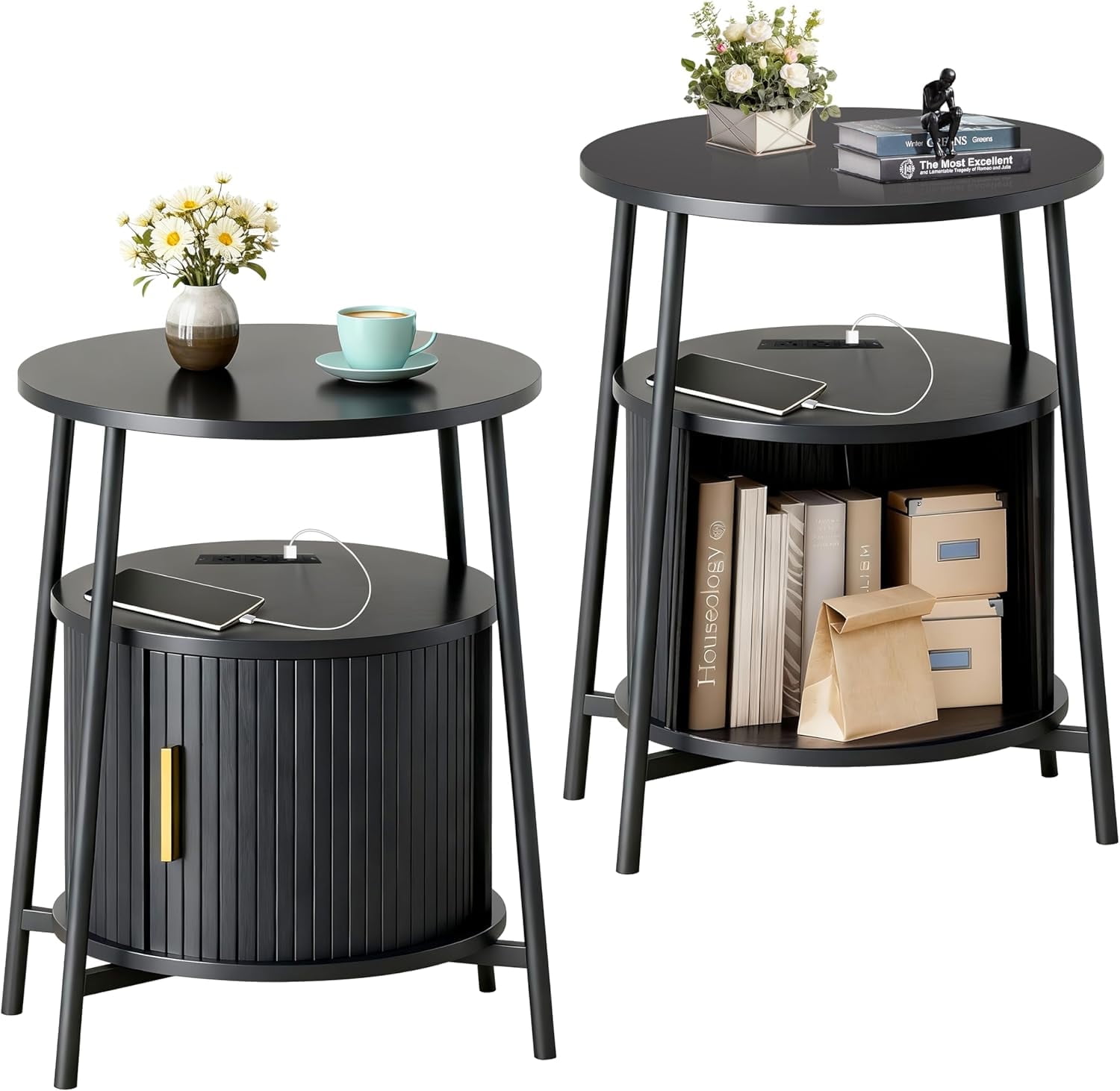End Tables Side Table with Storage, Fluted Nightstand with Charging ...