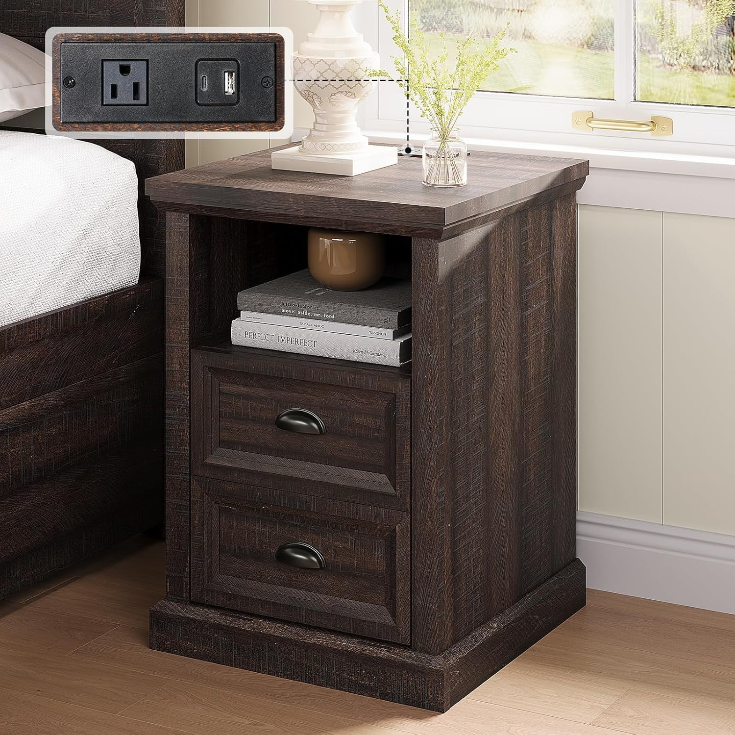 End Tables with Charging Station Wood Side with 2 Drawers and Storage Shelf Farmhouse End with ...