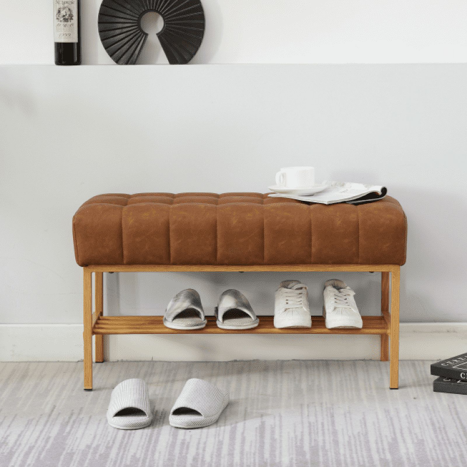 End of Bed Bench with Shelf, Retro leather Upholstered Storage Shoe ...