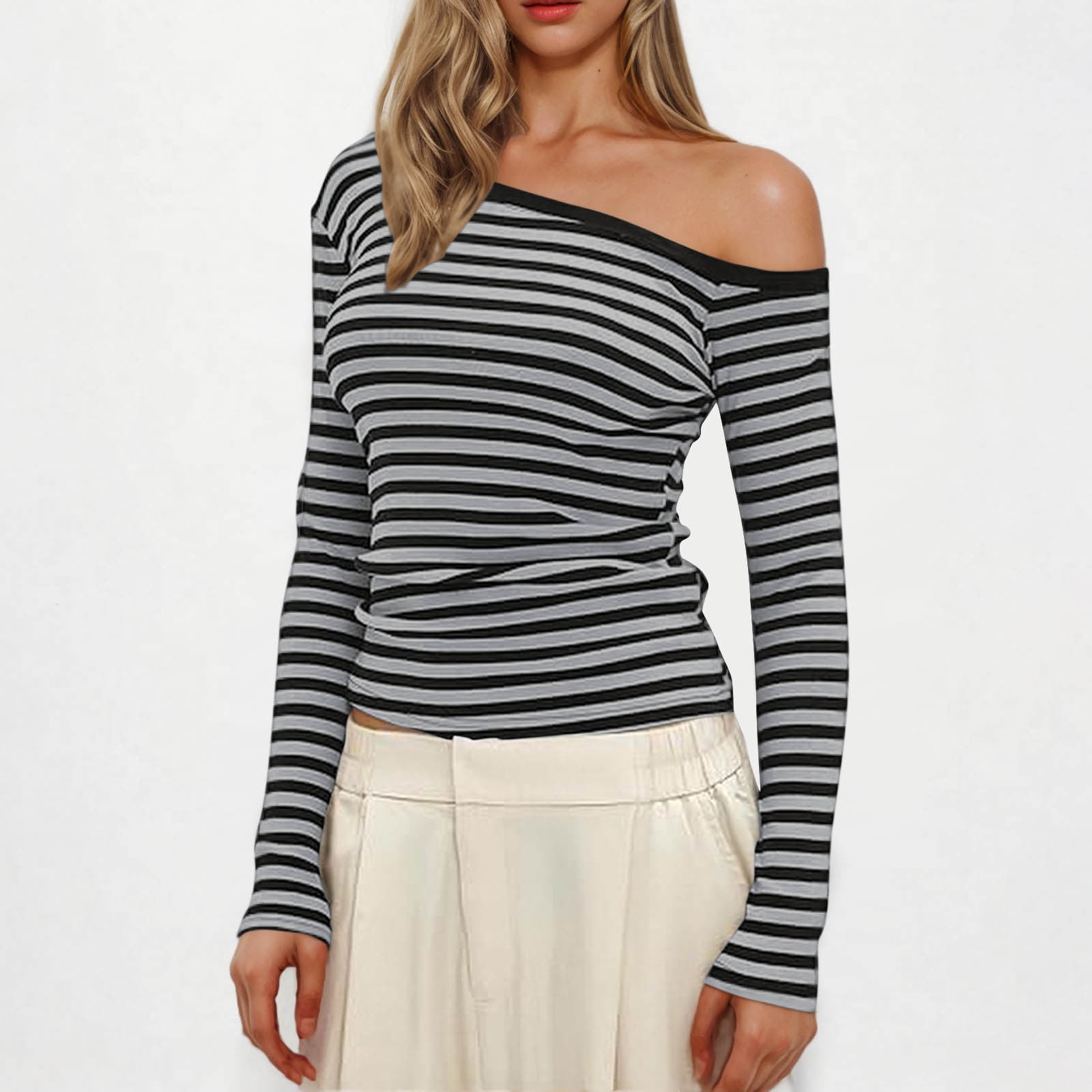 End-of-Season Sale Women's Casual Off Shoulder Round Neck Long Sleeve ...