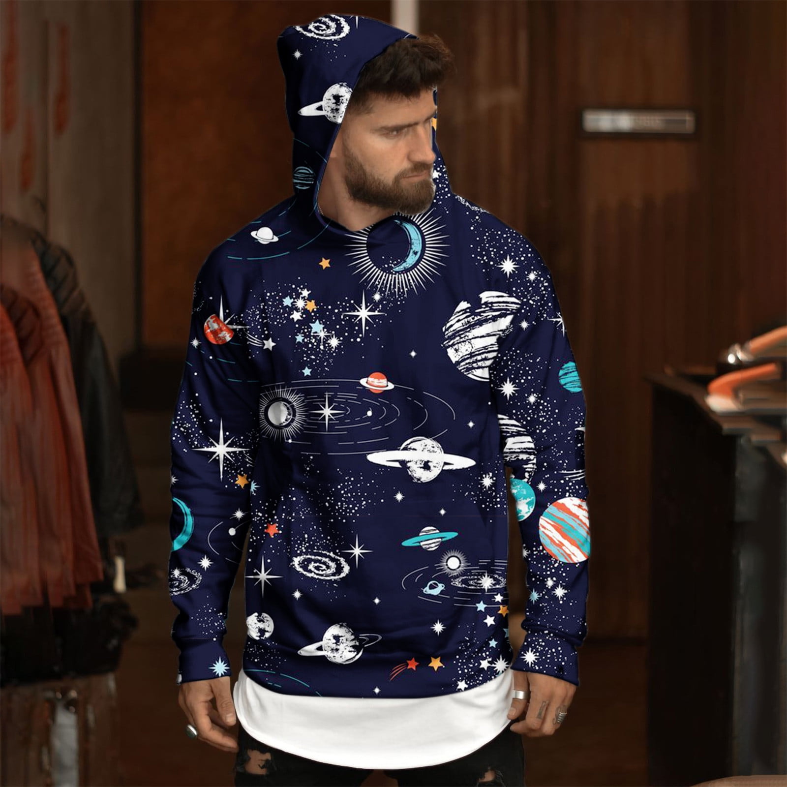 End-of-year Savings! Tejiojio Clearance Fall and Winter Men's Hooded Sweater Sun and Moon ...