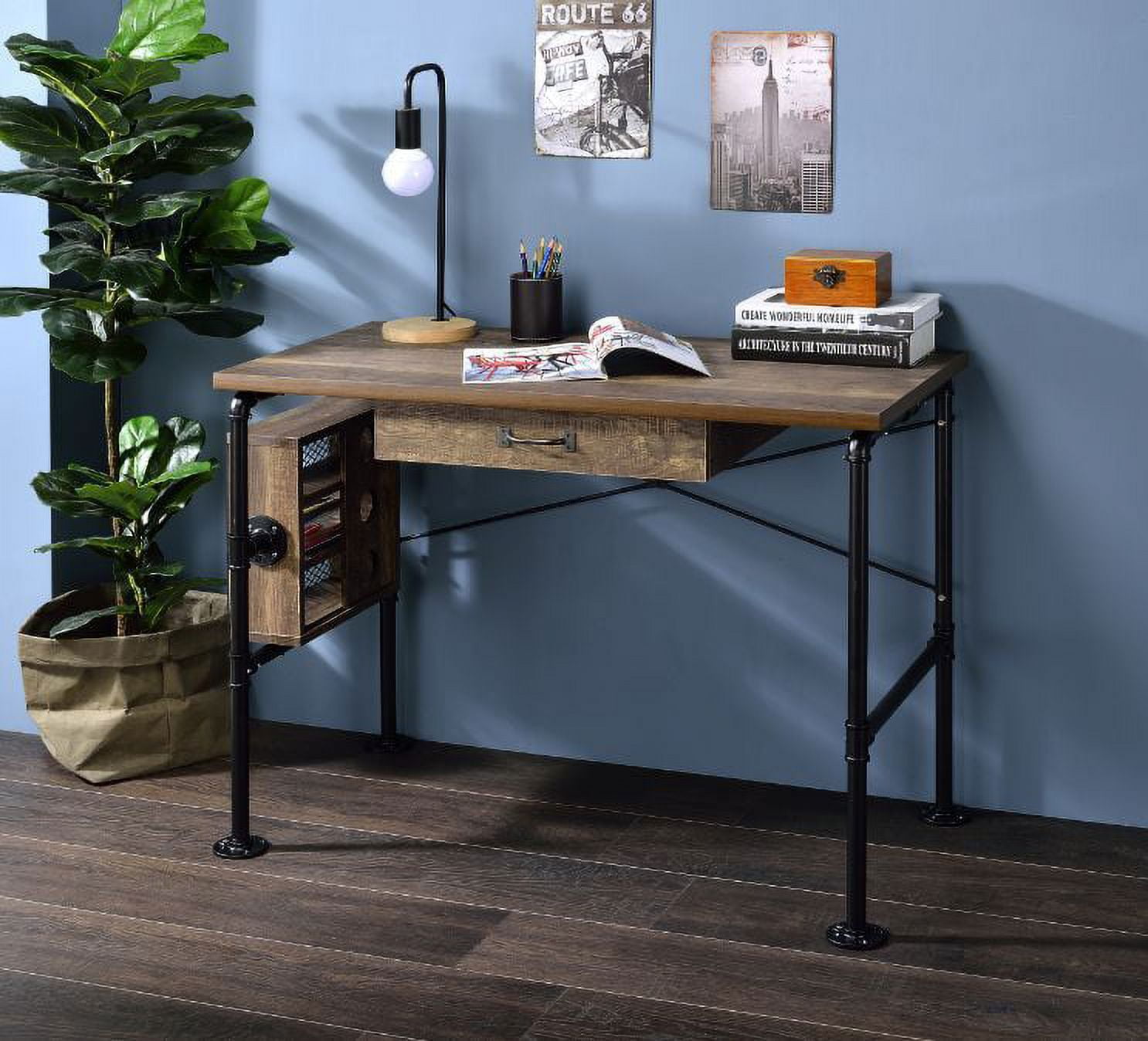 Endang Writing Desk, Weathered Oak & Black Finish - Rustic Industrial ...