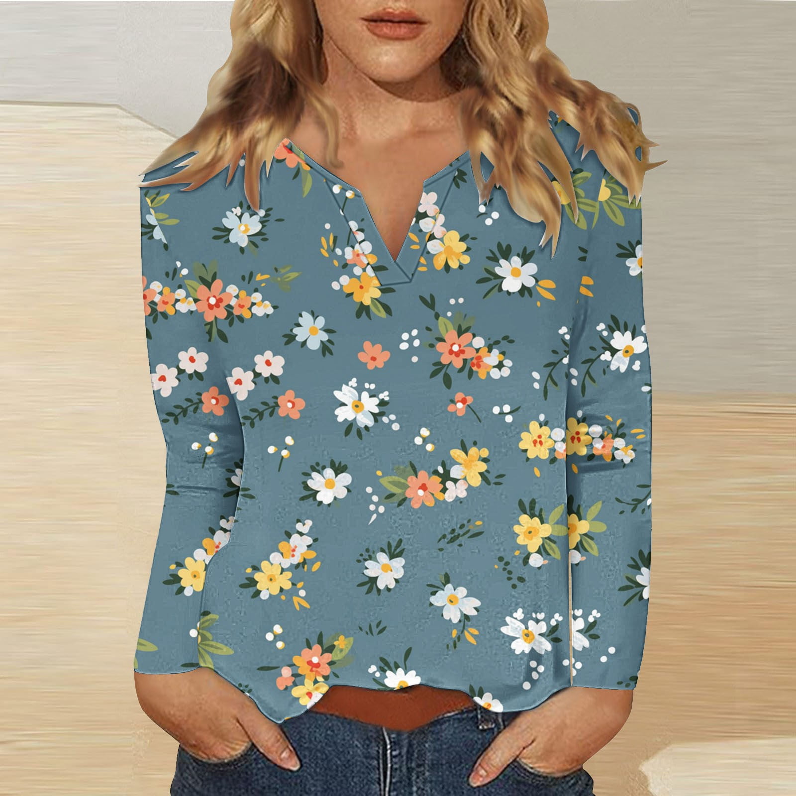 Endives Long Sleeve Shirts For Women Flower Print V Neck Spring Tops ...