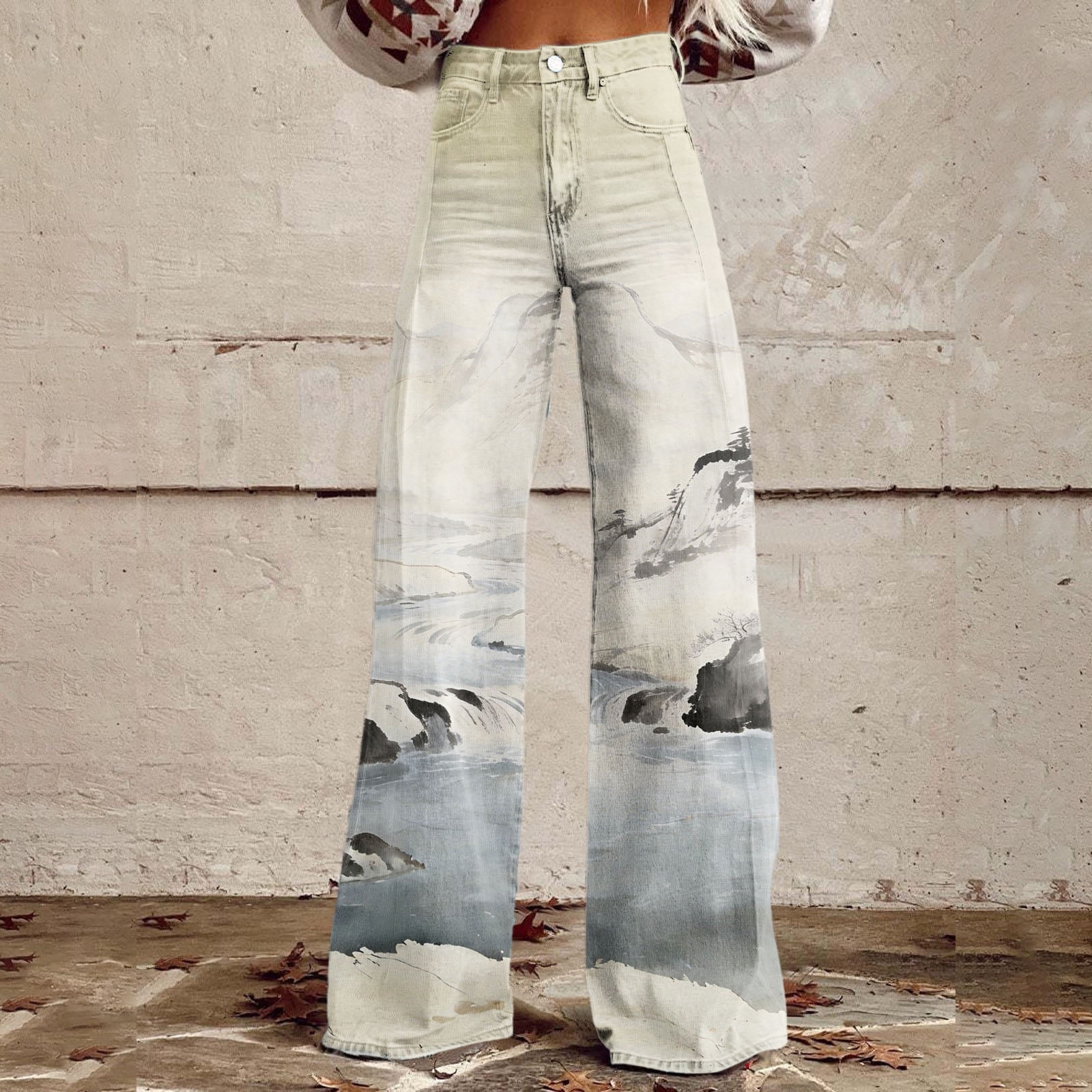 Endives Wide Leg Pants for Woman Landscape Painting Printed Elastic High Waist Pants Lightweight ...