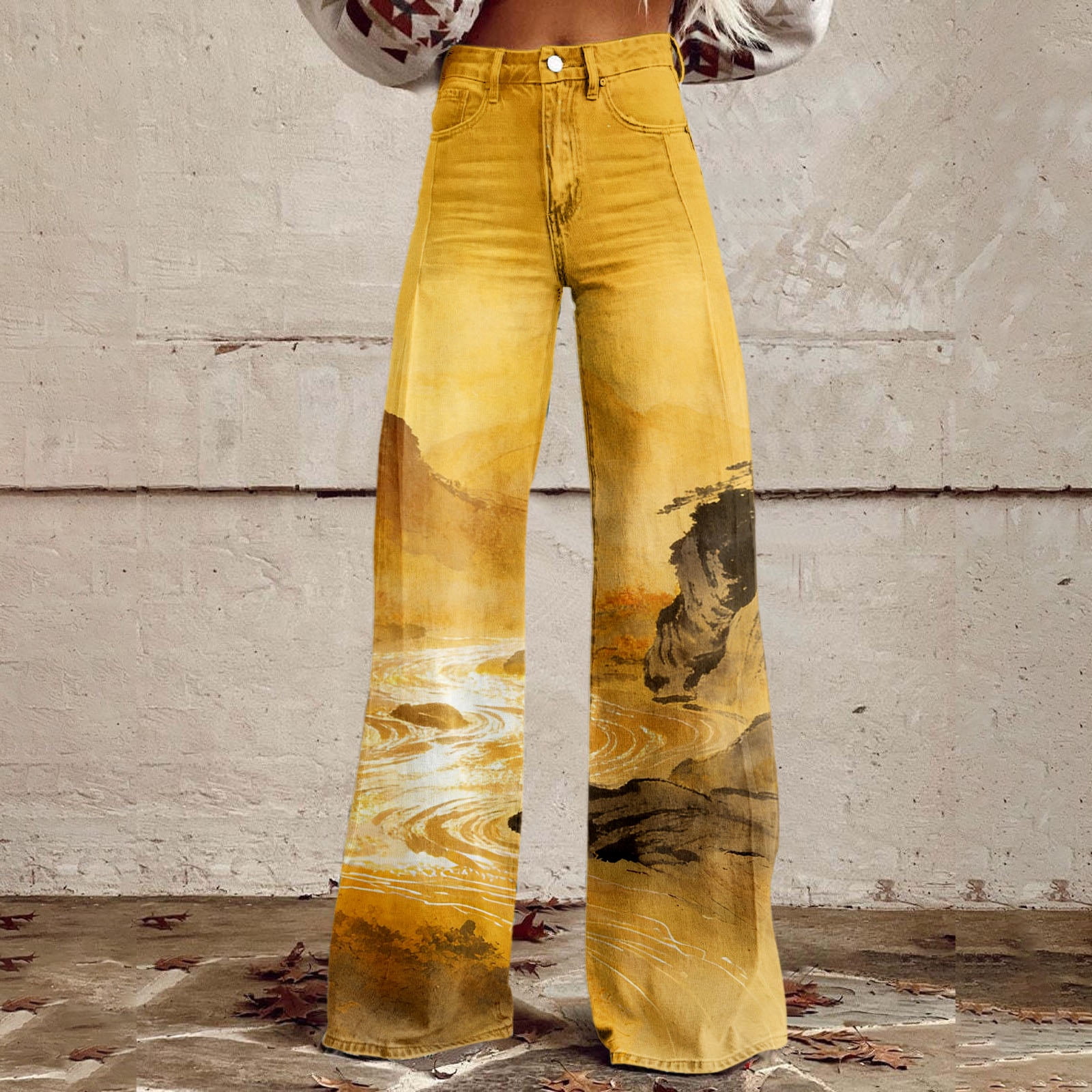 Endives Wide Leg Pants for Woman Landscape Painting Printed Elastic High Waist Pants Lightweight ...