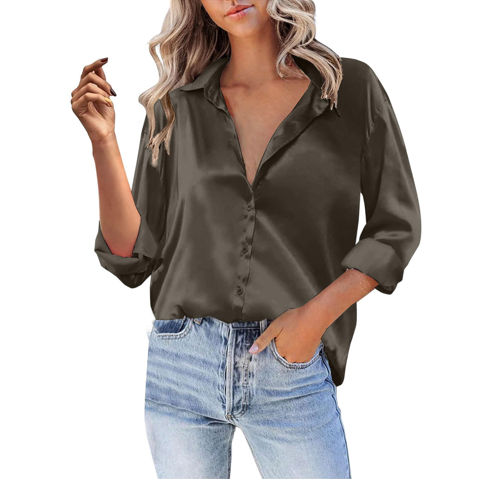 Endives Women Satin Button Down Shirt Casual Long Sleeve V Neck Blouse ...