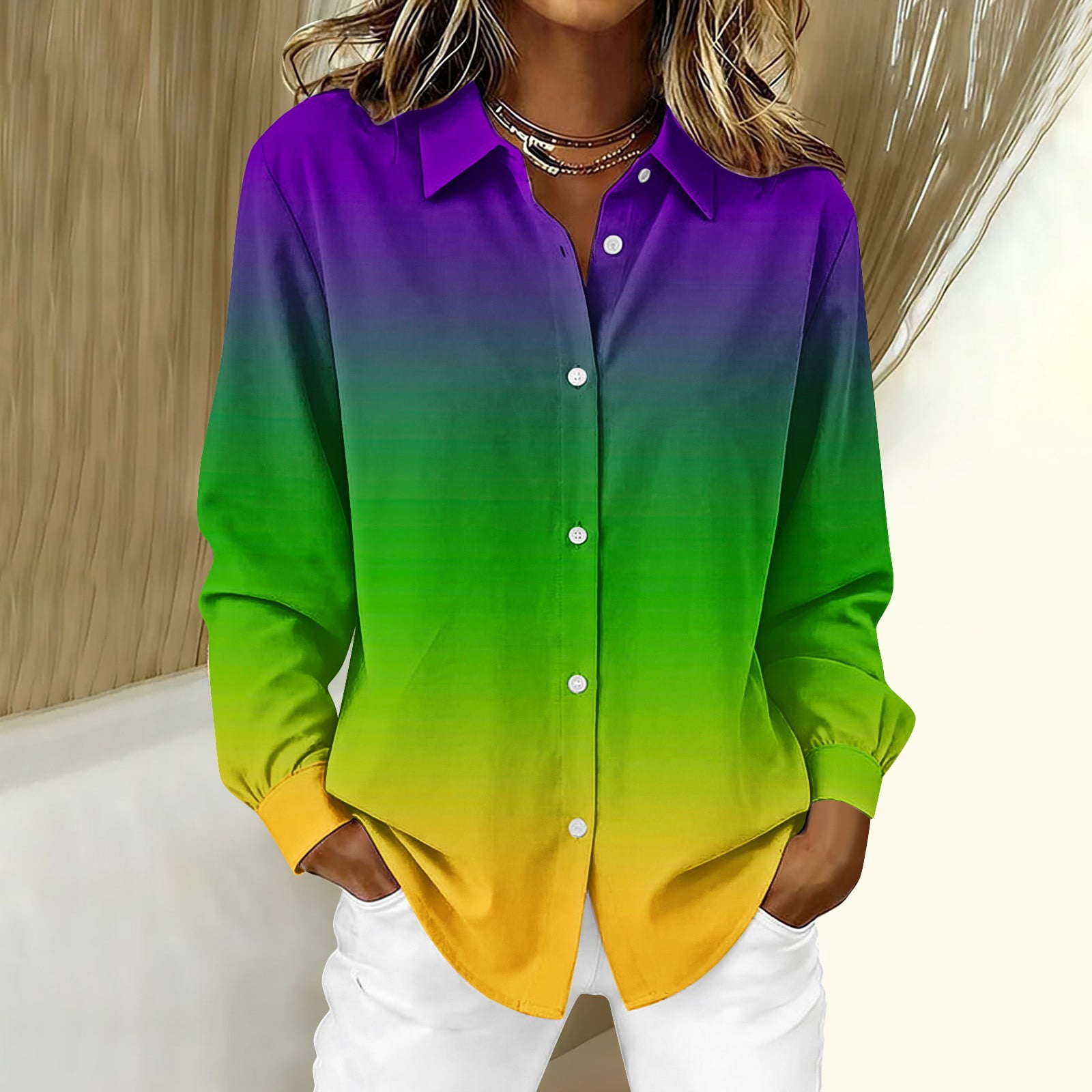 Endives Women's Button Down Shirt Long Sleeve Shirt Masquerade Yellow ...