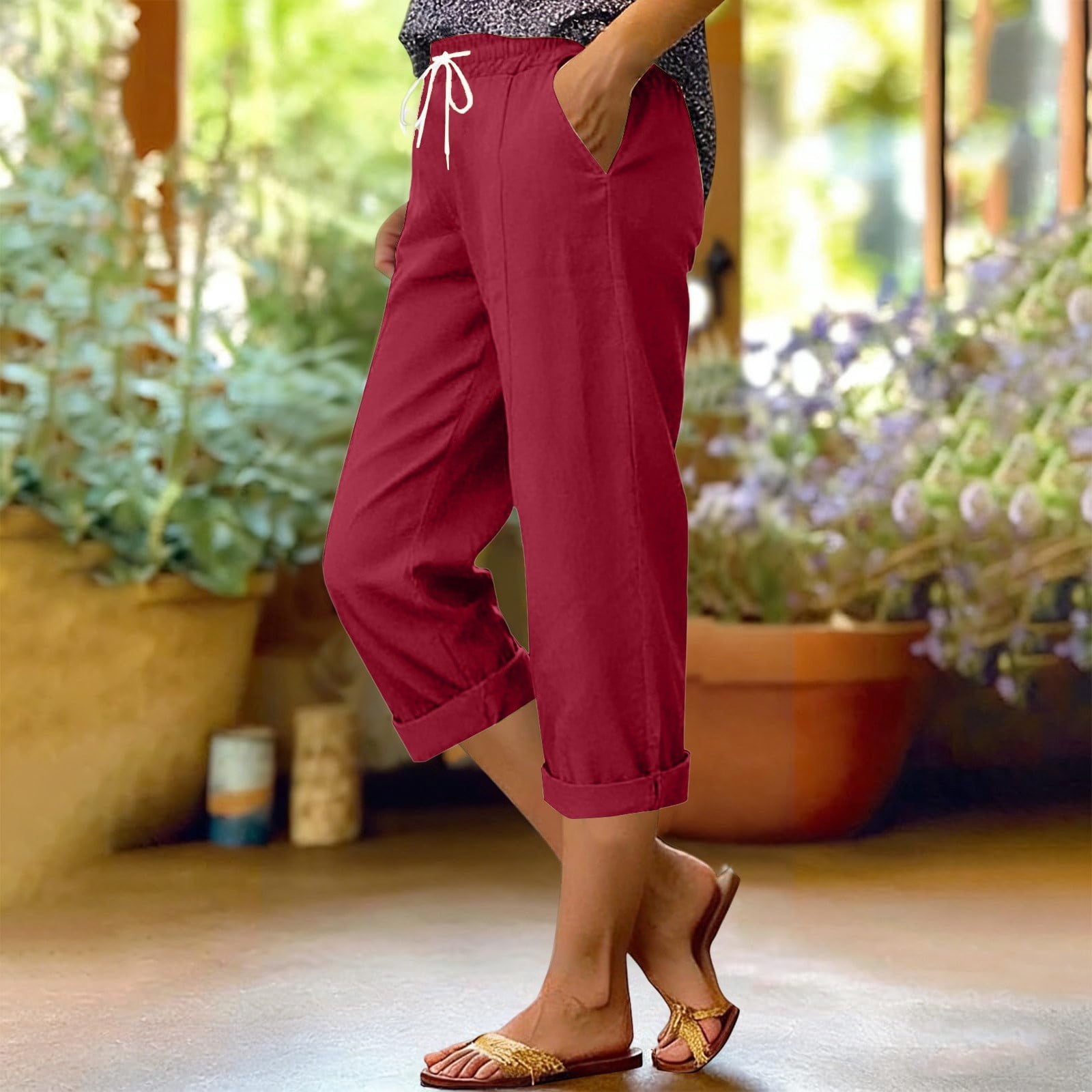 Endives Women's Casual Cropped Pants Fashion Solid Color Breathable ...