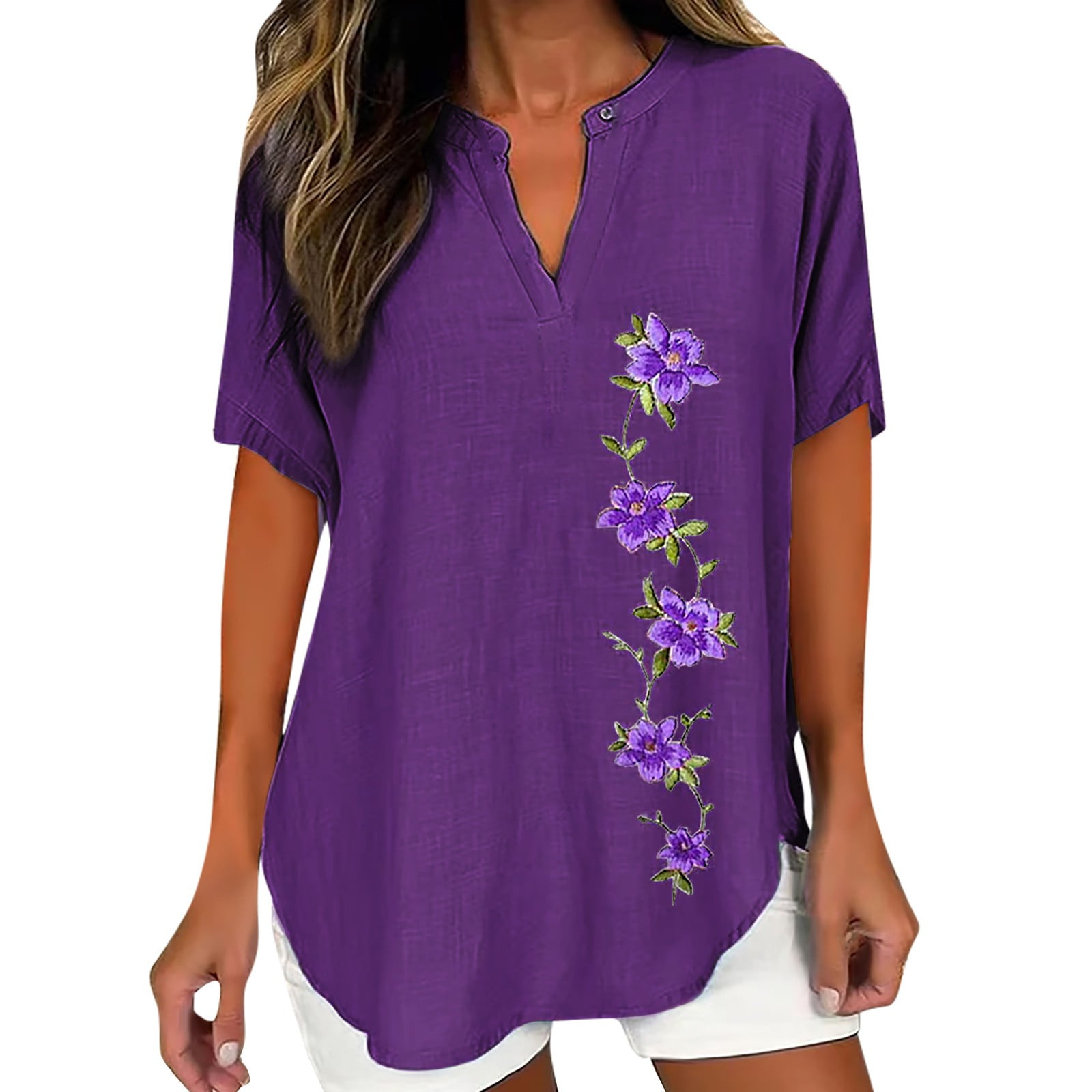 Endives Women's Casual Linen Floral Print Notched V Neck T Shirts ...