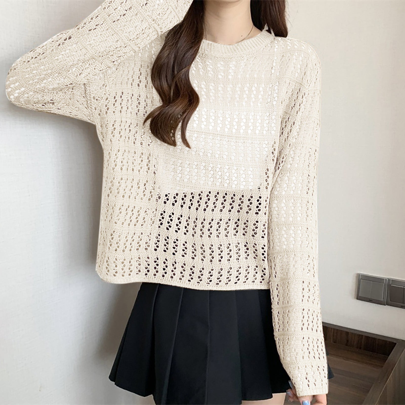 Endives Women's Crochet Tops Hollow Out Long Sleeve Knit Top Breathable ...