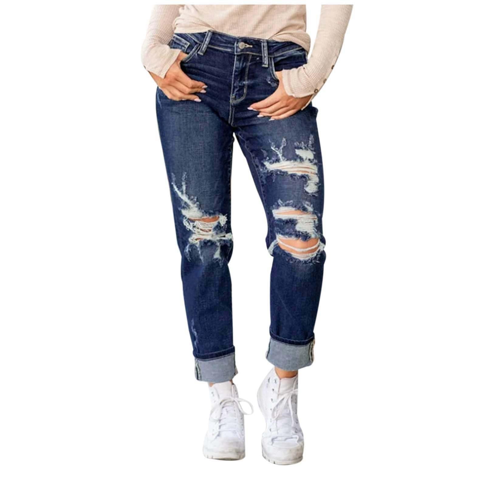 Endives Women's Jean Distressed Cuffed Jeans Ripped Mid Loose Fit ...