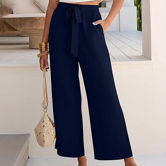 Endives Women's Linen Pant Cropped Wide Leg Pants Tie Up Casual Loose ...