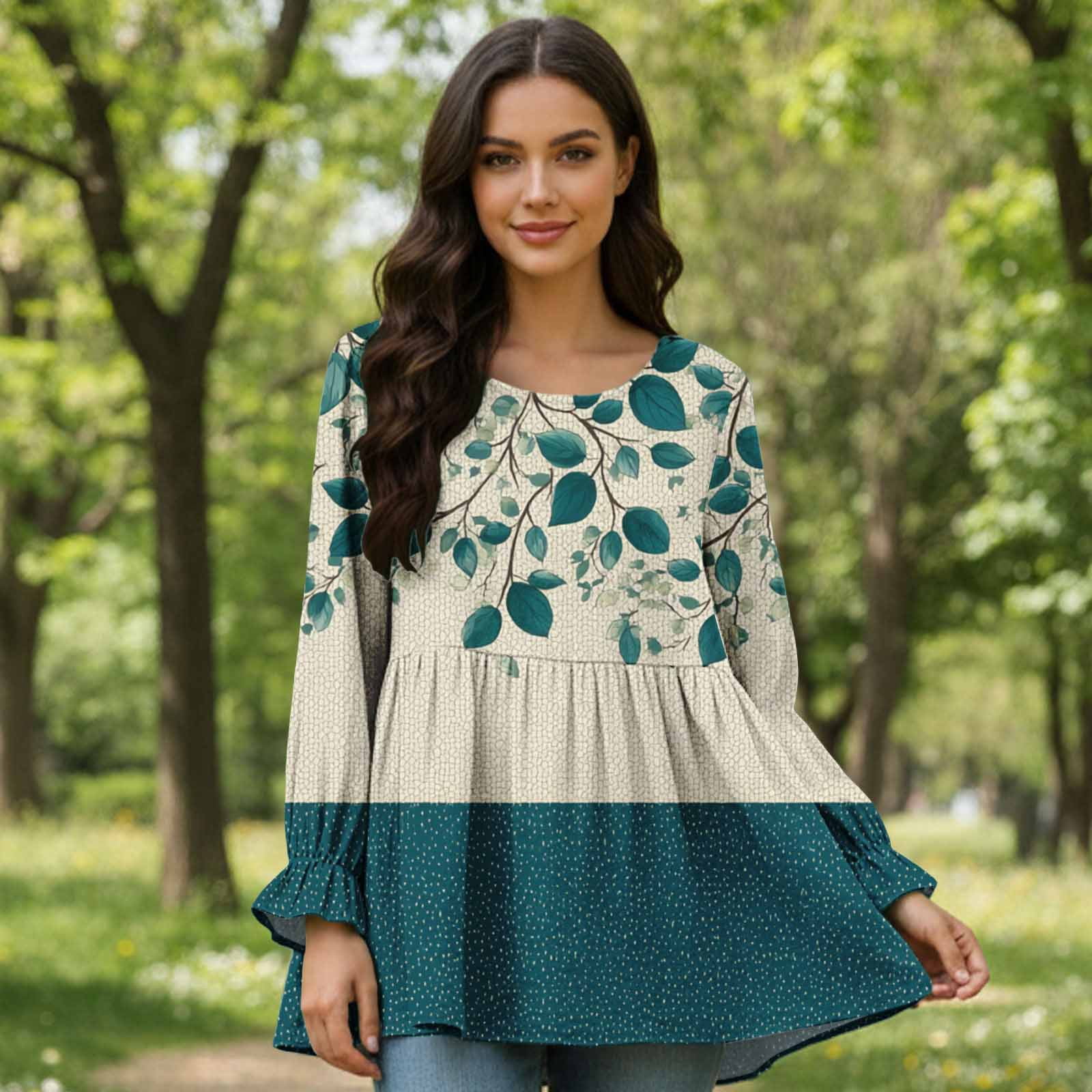 Endives Women's Loose Top Retro Long Sleeved Shirt Round Neck Shirt ...