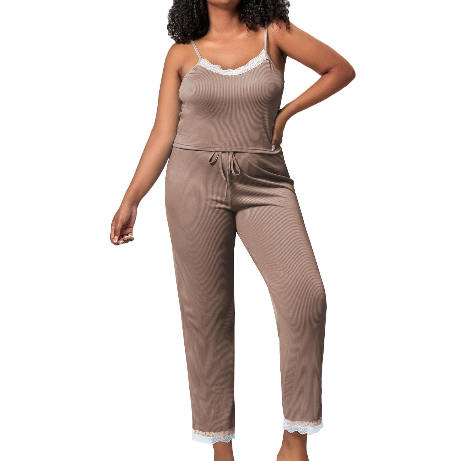 Endives Women's Pajama Sets Plus Size Pajama Drop Cool Lace Edge Camisole Pajama Pants Home Suit ...