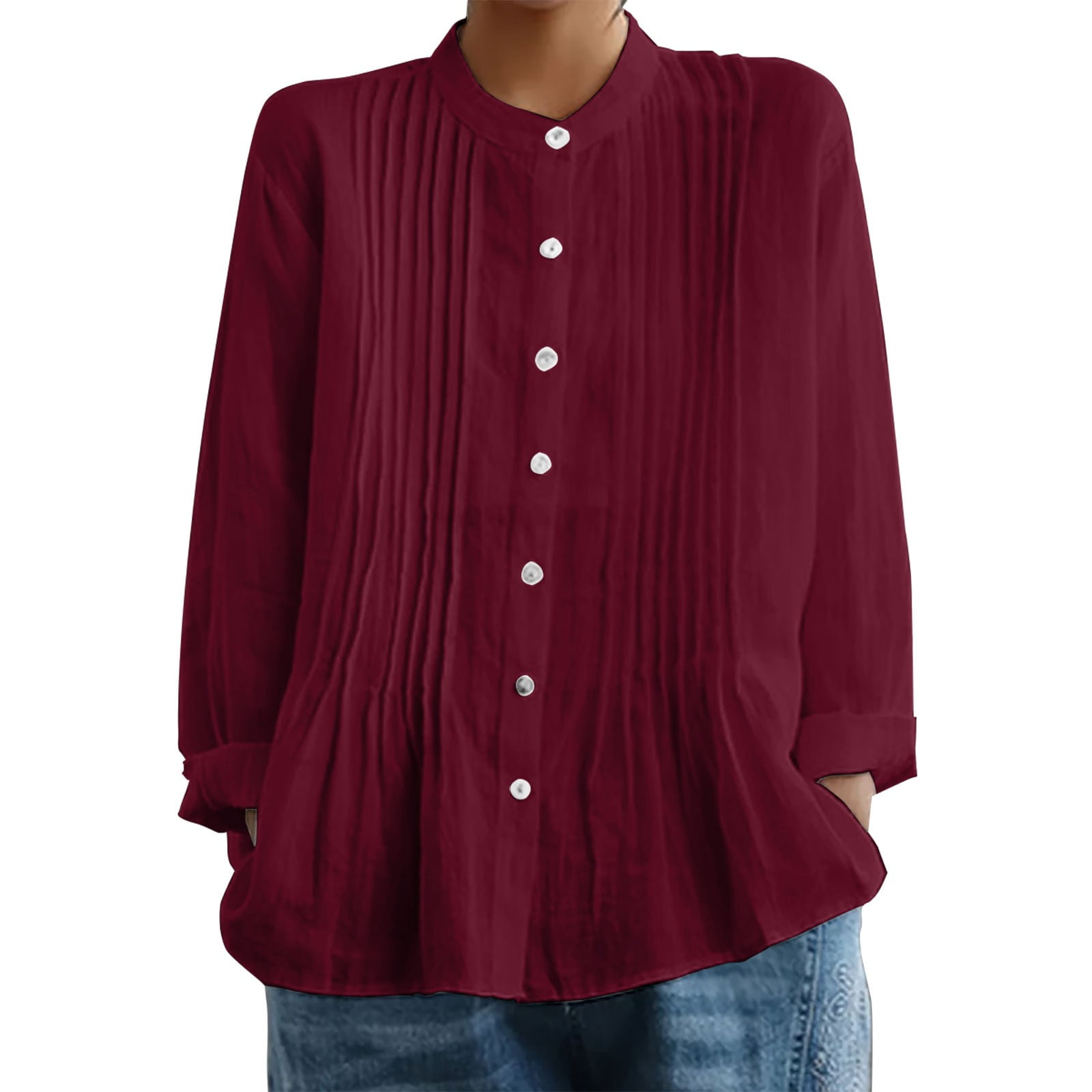 Endives Women's Pleated Shirt With Retro Front Pleats Soft Linen Shirts ...