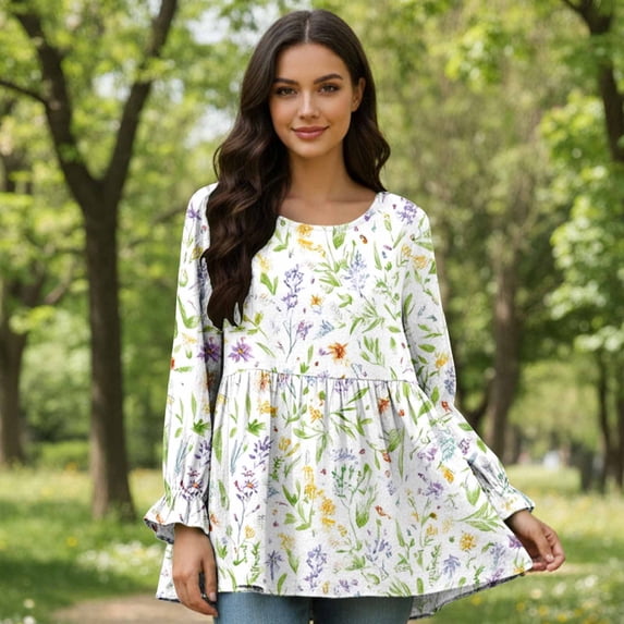 Endives Women's Retro Long Sleeved Shirt Ruffled Round Neck Shirt ...