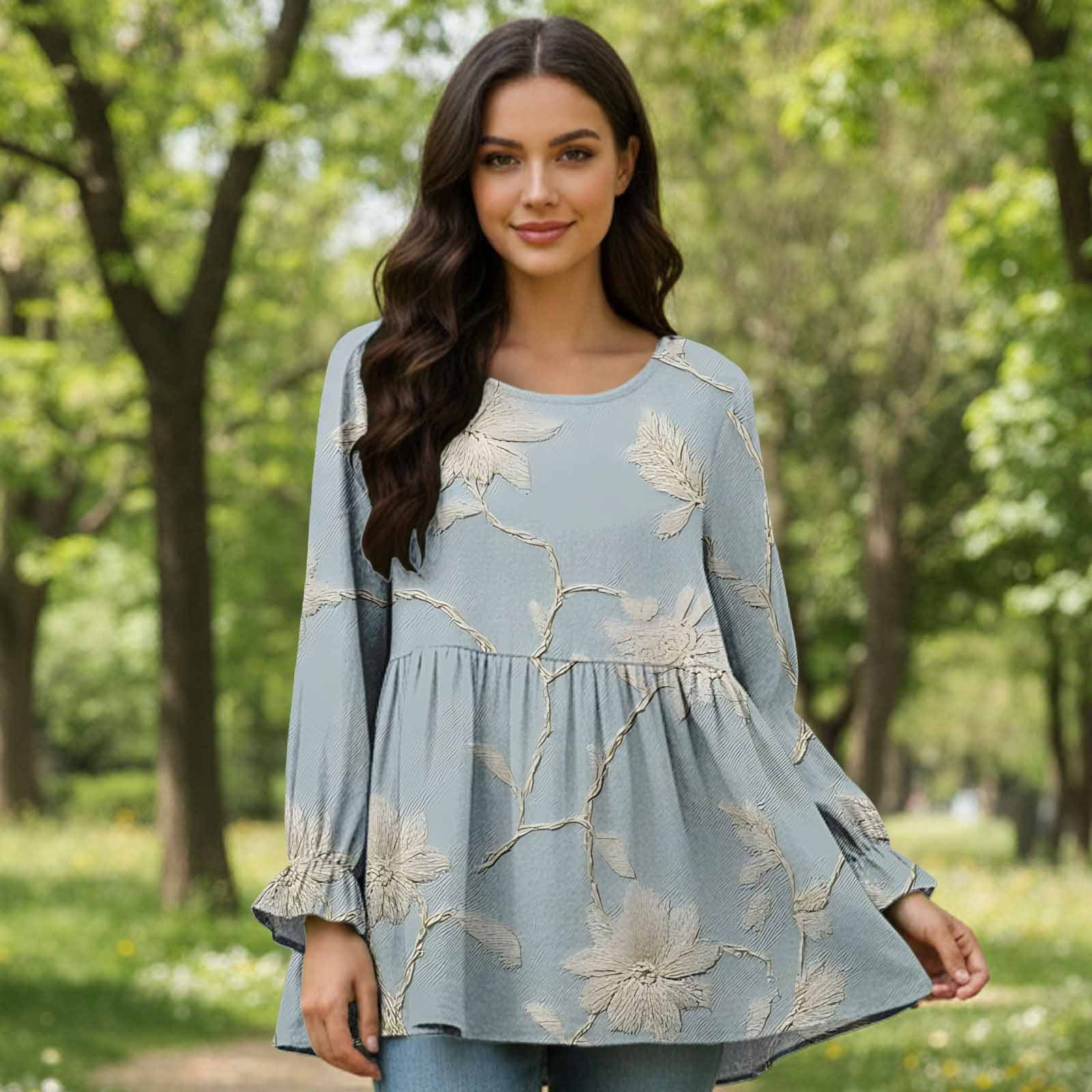 Endives Women's Round Neck Shirt Loose Top Retro Long Sleeved Shirt ...