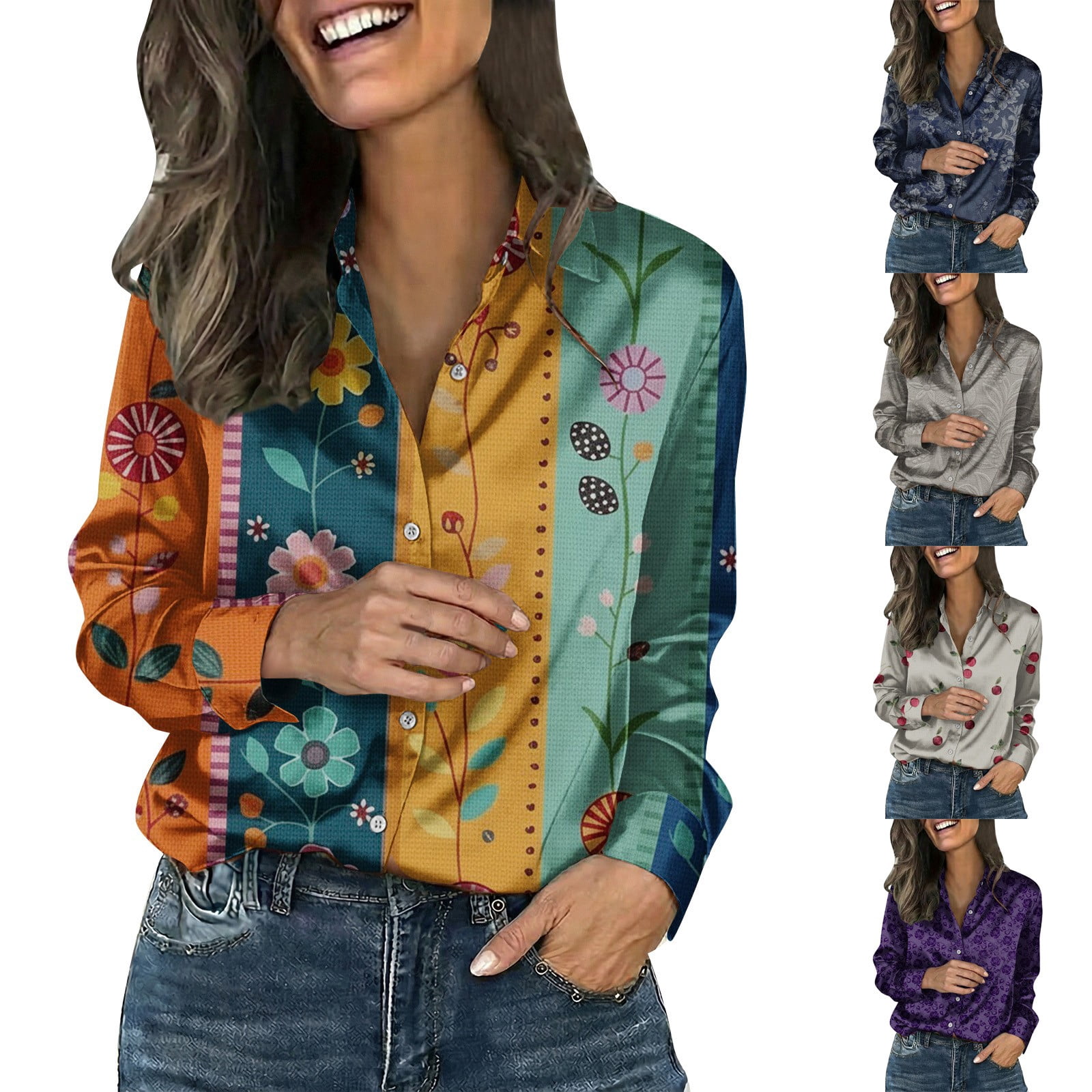 Endives Women's Satin Shirt Long Sleeve Button Down Shirt Retro ...
