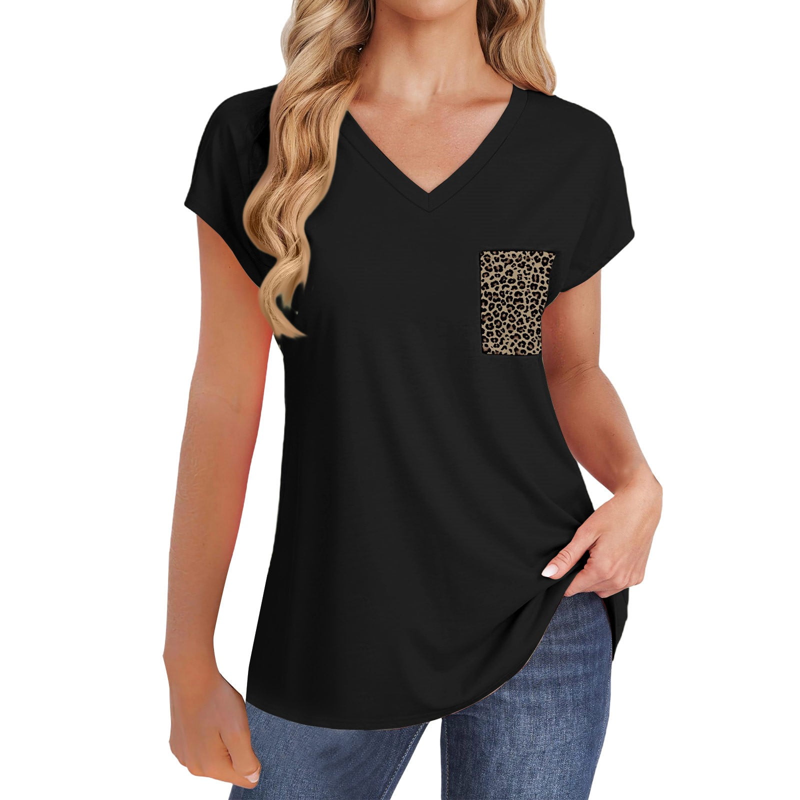 Endives Women's Short Sleeve T-shirt V Neck Rolled Shirts Loose Fit Plain Summer Tops Casual ...